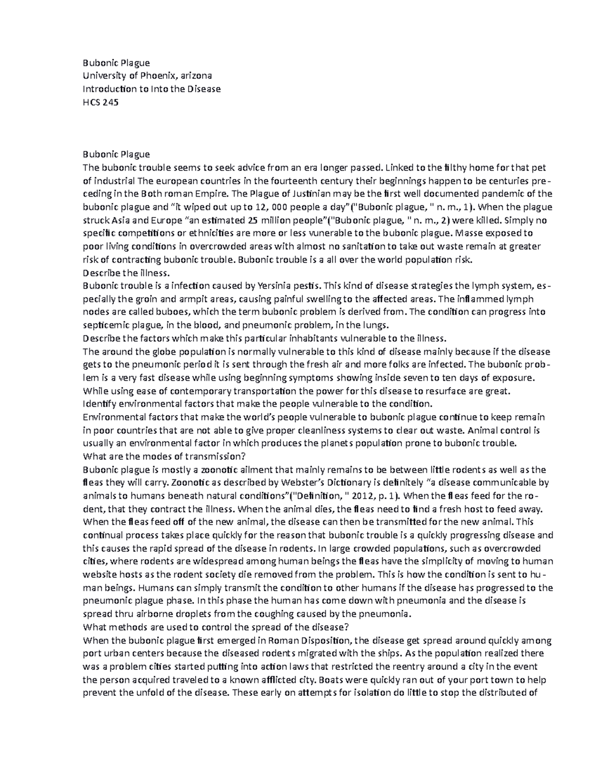 HCS 235 Bubonic Plague Paper 1 - Bubonic Plague University of Phoenix ...