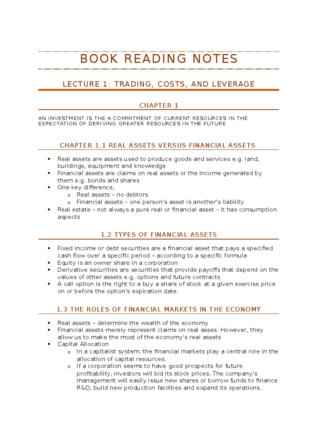 Book Readings - Short Notes - Investments - BOOK READING NOTES LECTURE ...