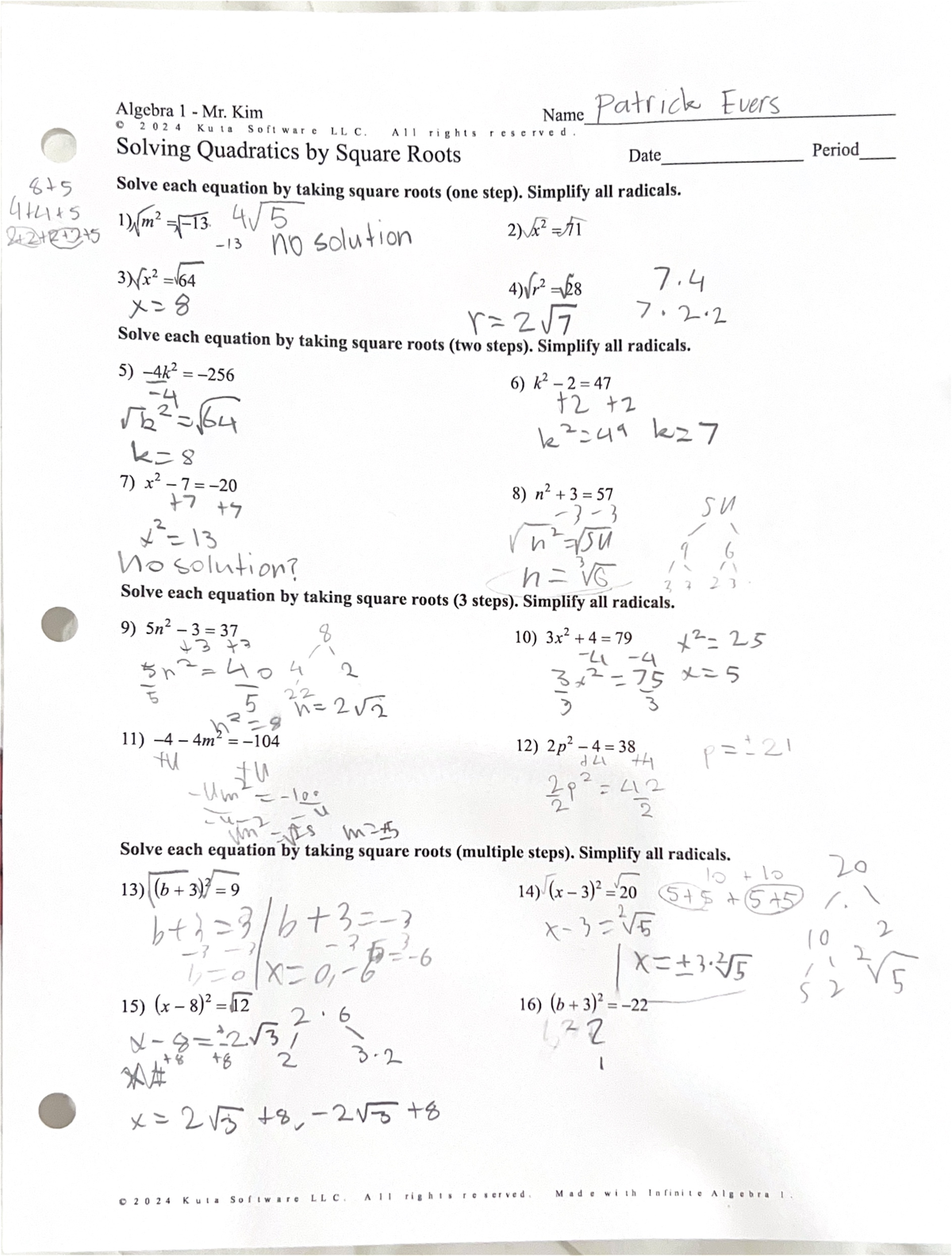 Solving Quadratics by Square Roots - Algebra 1 Mr. Kim Name Patrick ...