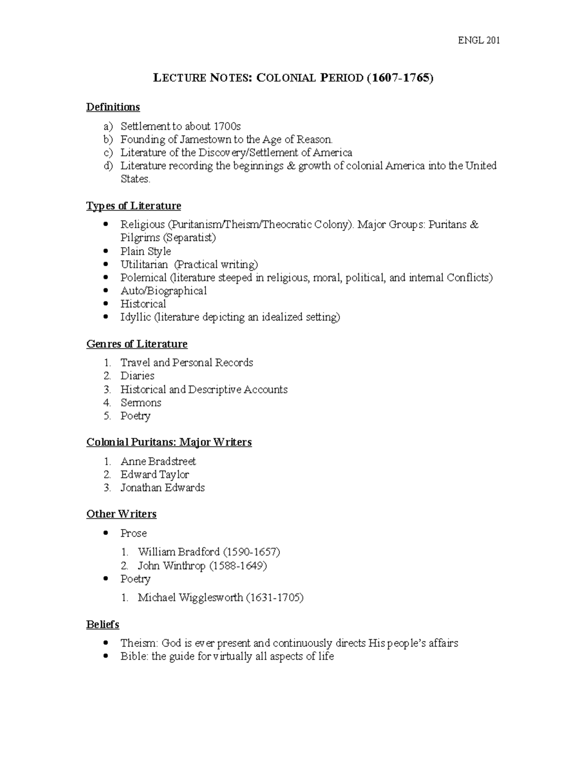 Lecture Notes The Colonial Period - ENGL 201 LECTURE NOTES: COLONIAL ...