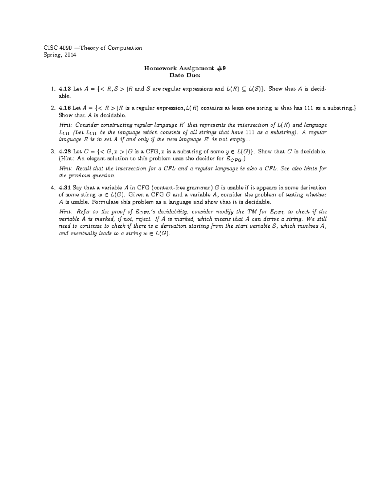 Hw9 Q Homework Assignment 9 Cisc 4090 —theory Of Computation Spring