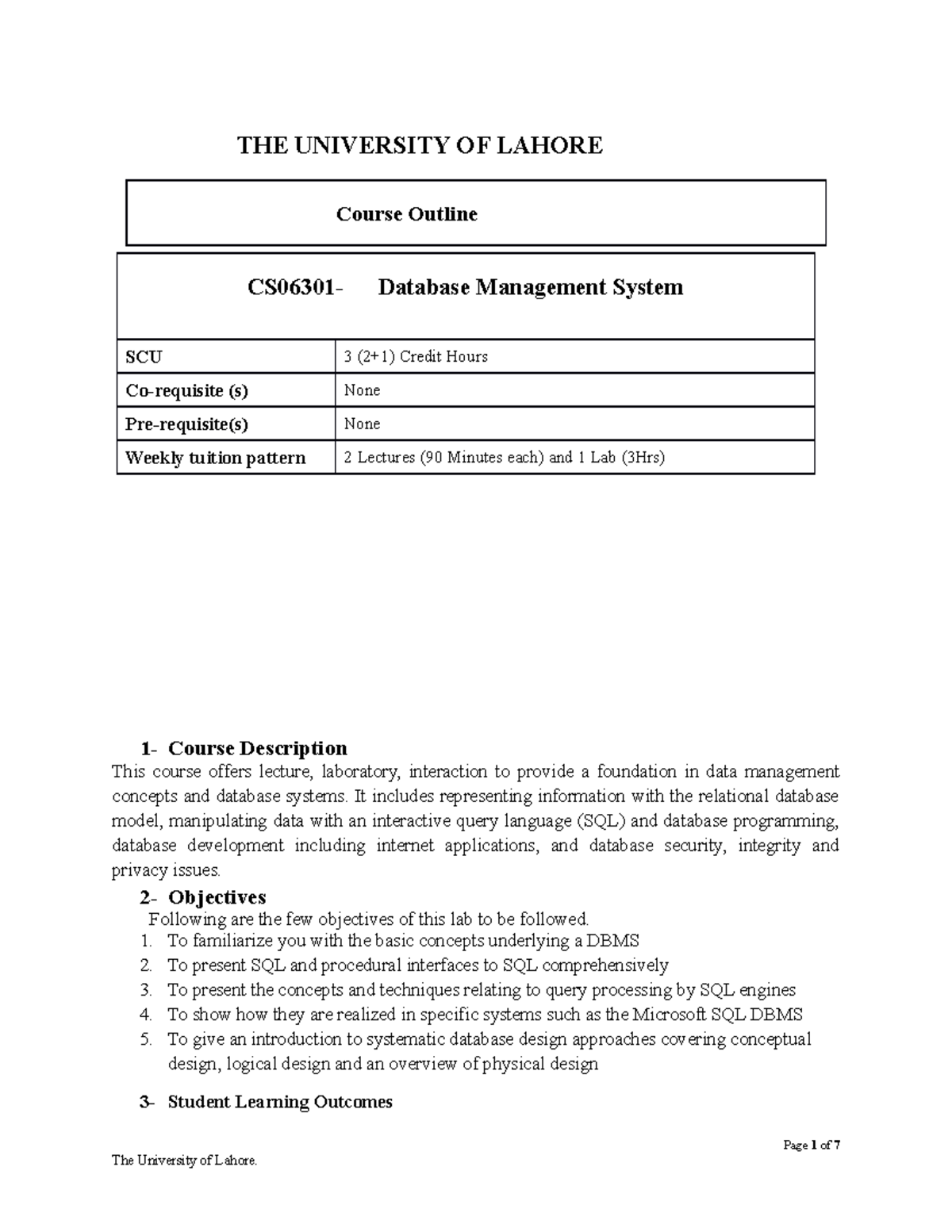 this is the DataBase systems outline - THE UNIVERSITY OF LAHORE 1 ...