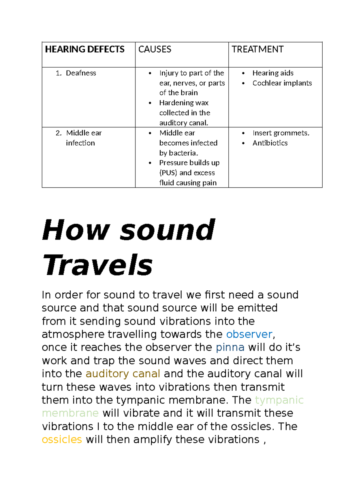 Human ear - Notes - HEARING DEFECTS CAUSES TREATMENT 1. Deafness Injury ...