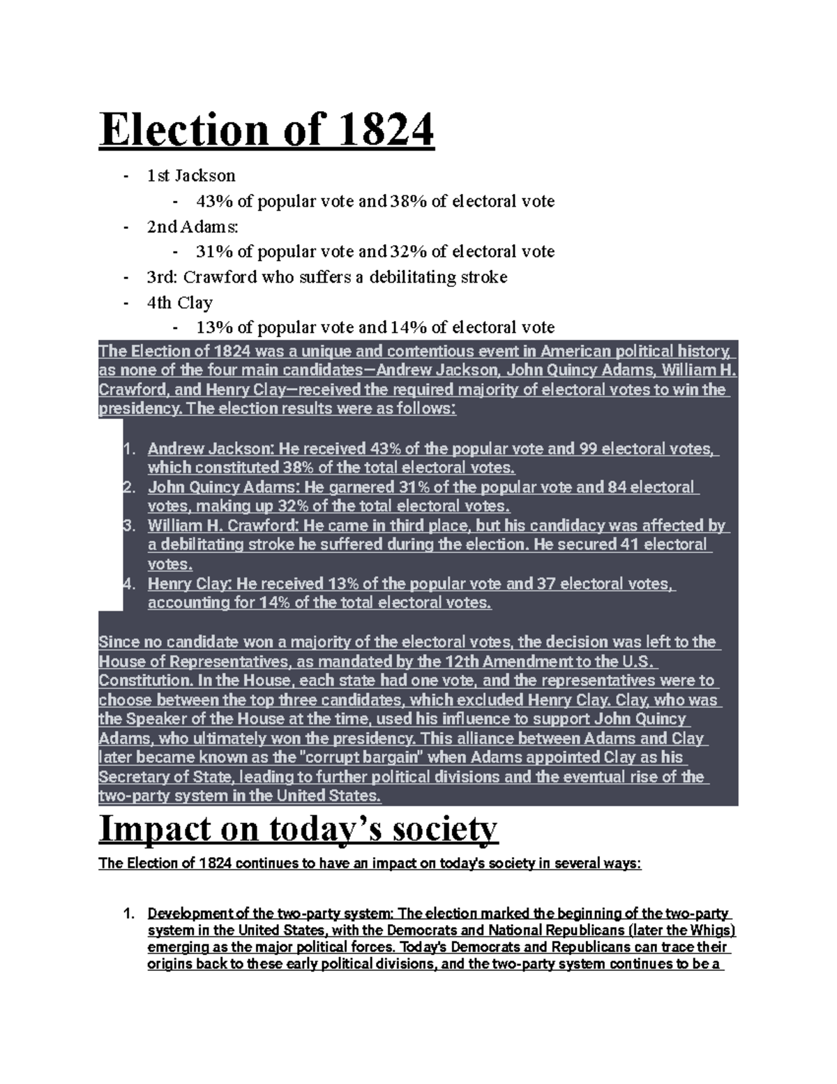 Election of 1824 impact on the today's society - Election of 1824 - 1st ...