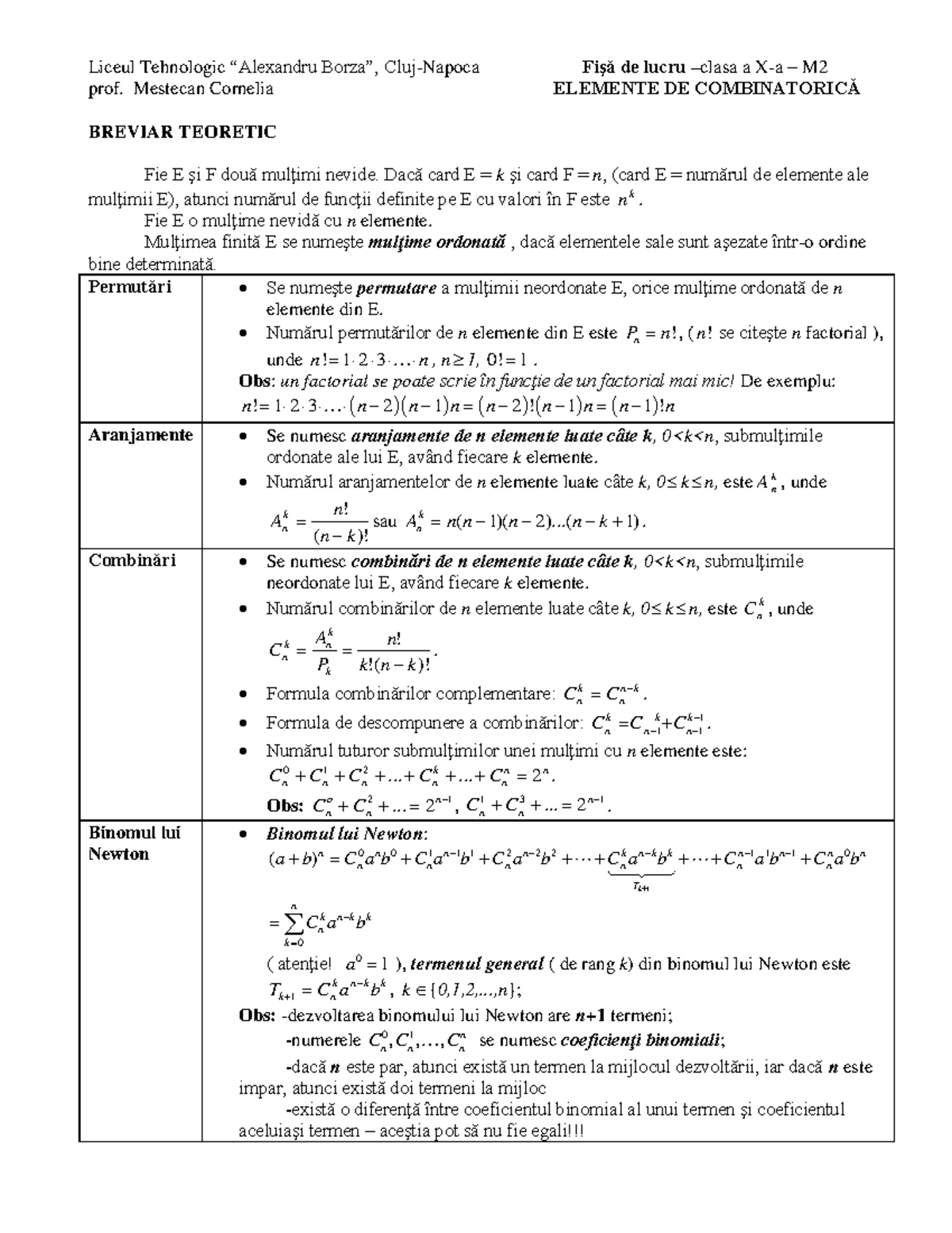Fic59fc483 de lucru cls x combinatorica - Liceul Tehnologic “Alexandru ...