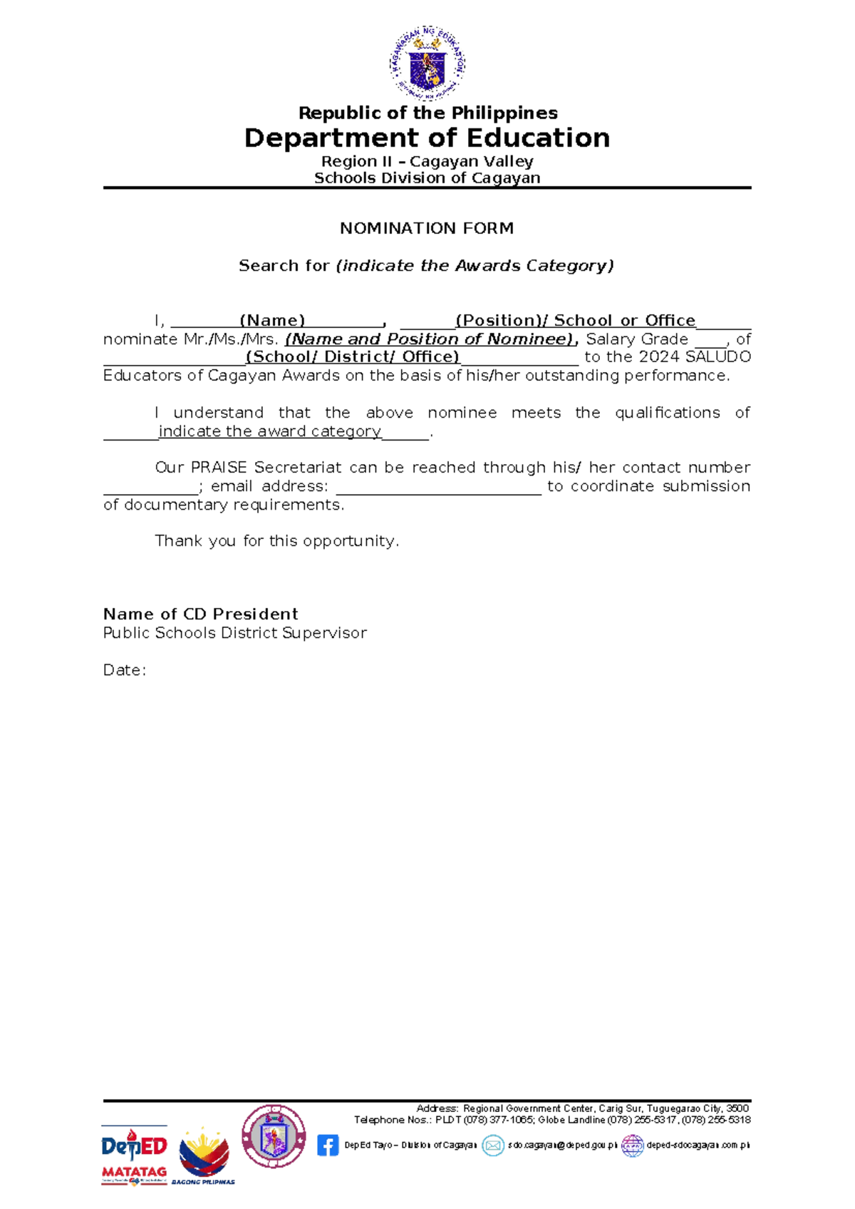 Saludo nomination form - Republic of the Philippines Department of Education Region II – Cagayan ...