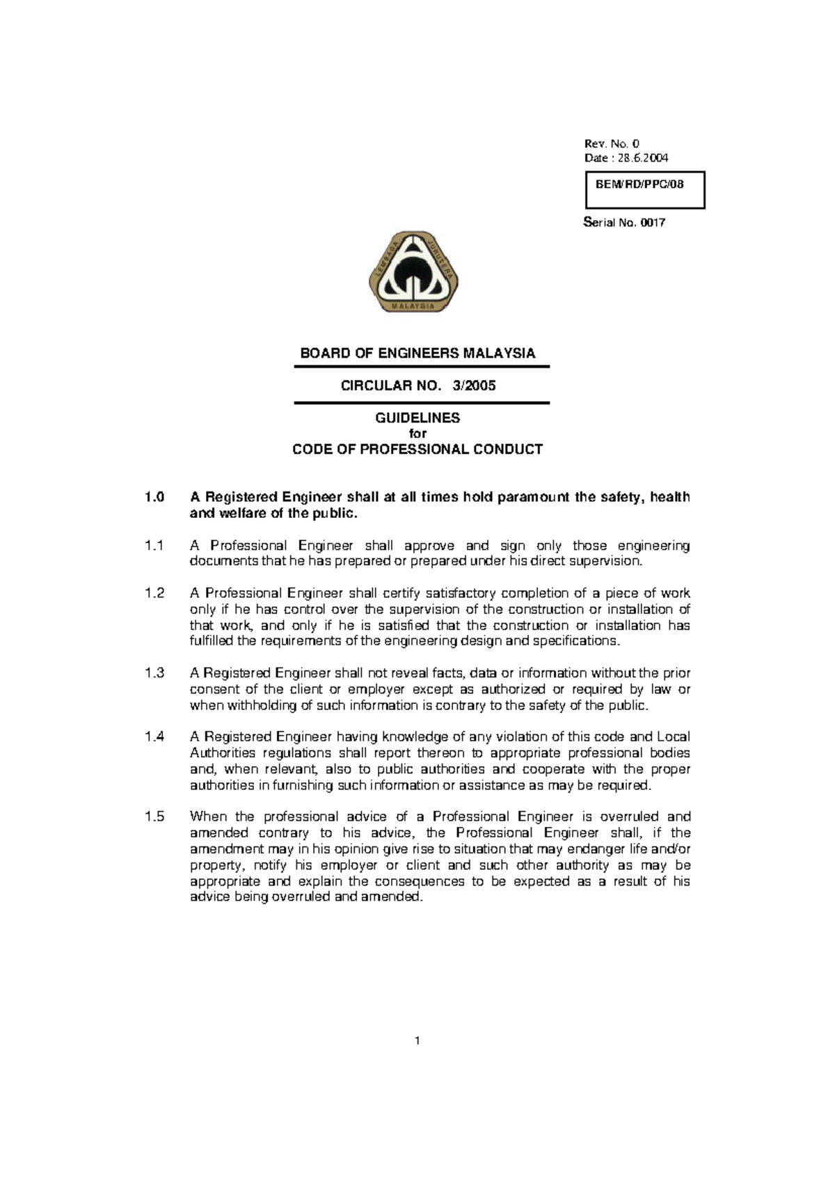 Codeconduct - bus - Date : 28. Serial No. 0017 BOARD OF ENGINEERS ...