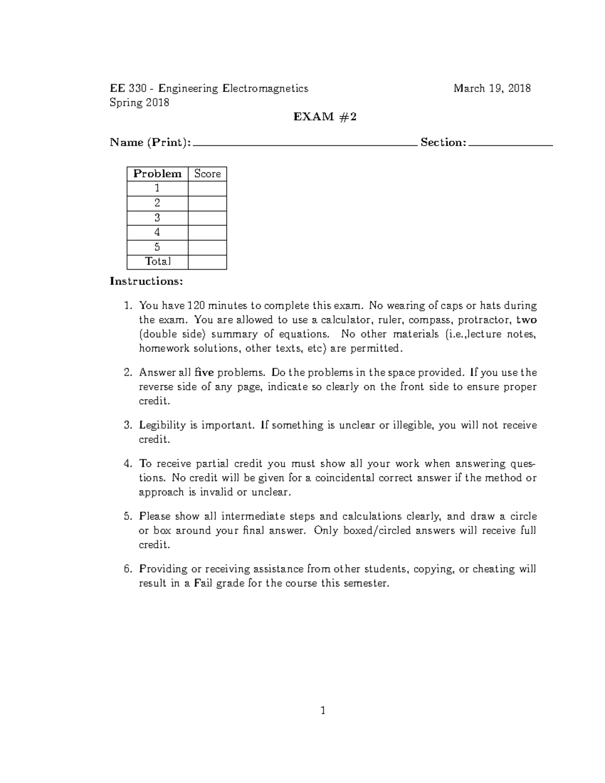 ExamII-EE330_SP18 - EE 330 - Engineering Electromagnetics March 19 ...