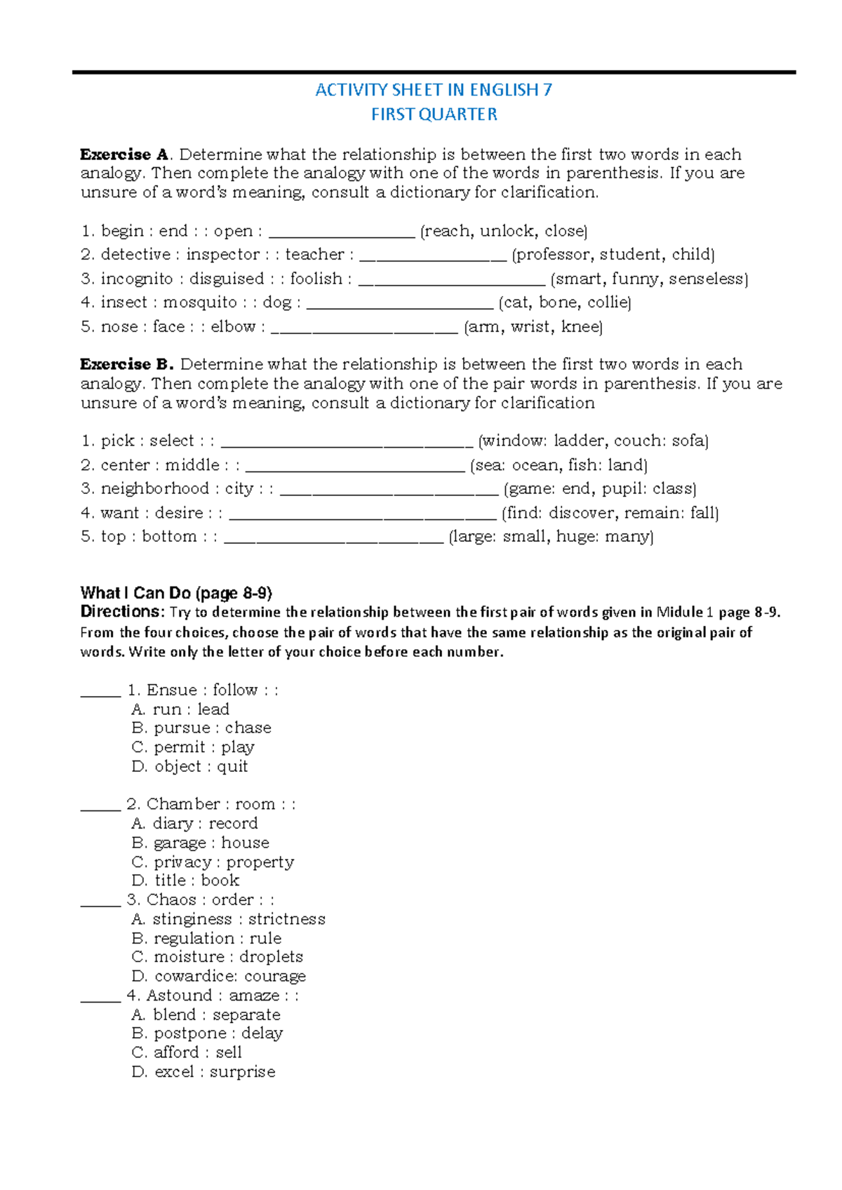 Activity Sheet in English - ACTIVITY SHEET IN ENGLISH 7 FIRST QUARTER ...