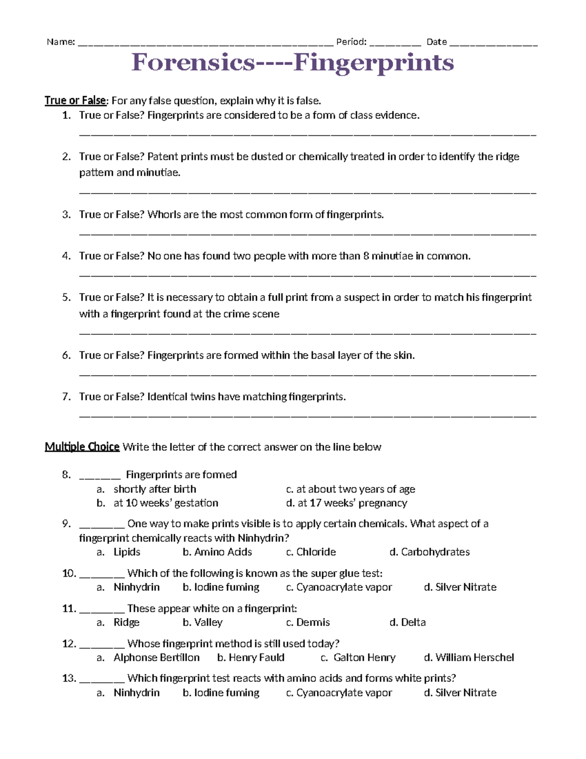 Fingerprint Review Worksheet - Name ...