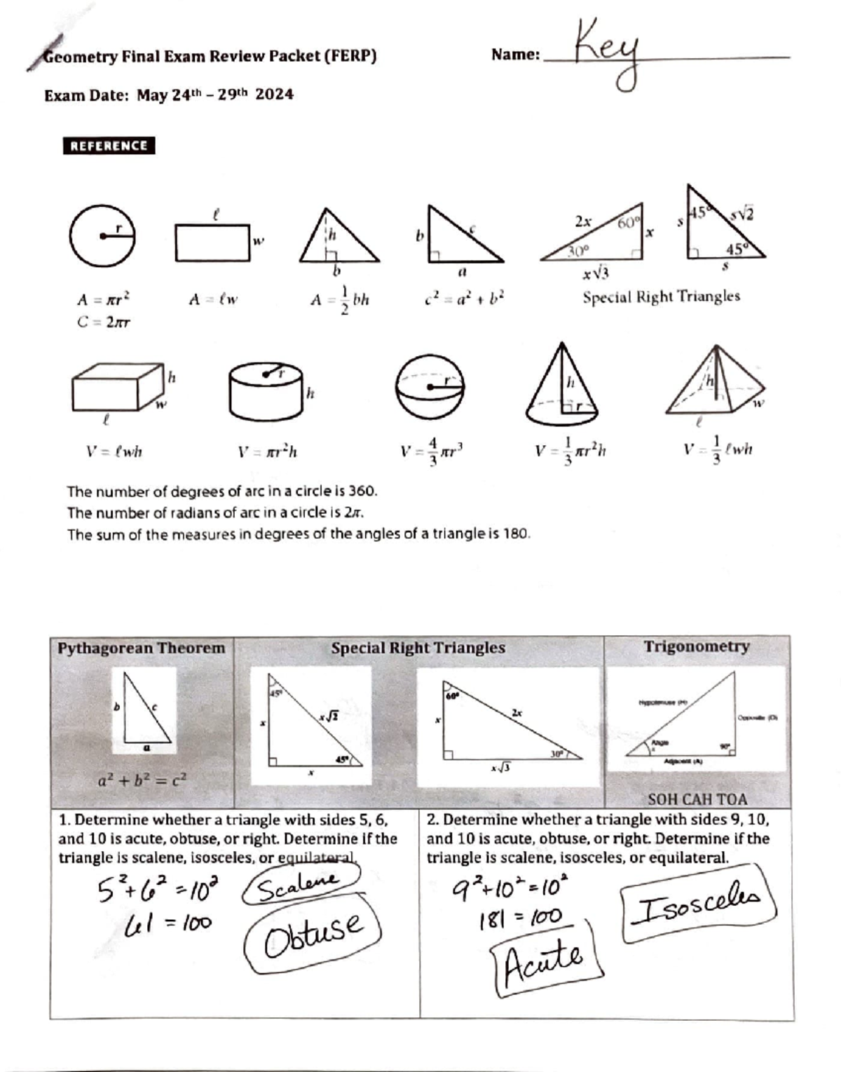 FERP Spring 2024 Answer Key - Geometry Final Exam Review Packet (FERP ...