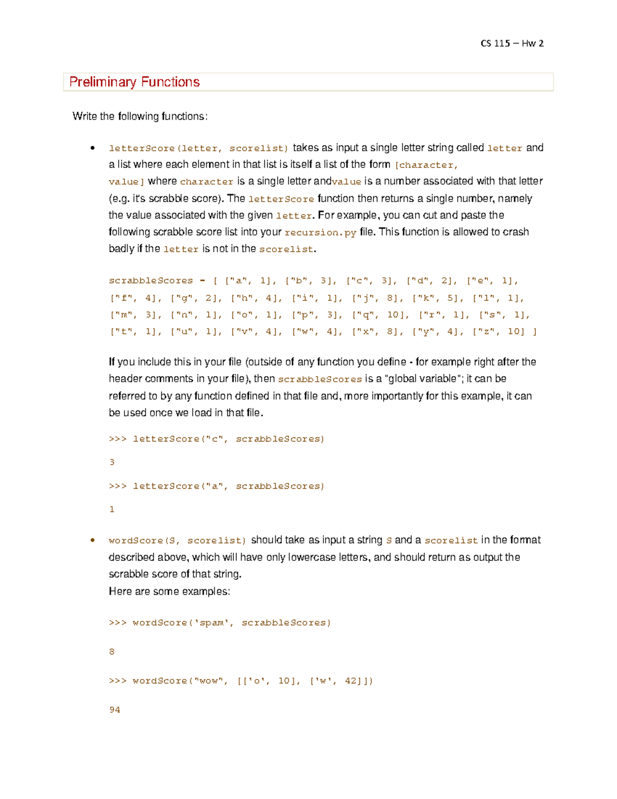 Hw2 Hw 2 Preliminary Functions Write The Following Functions Letterscore Letter