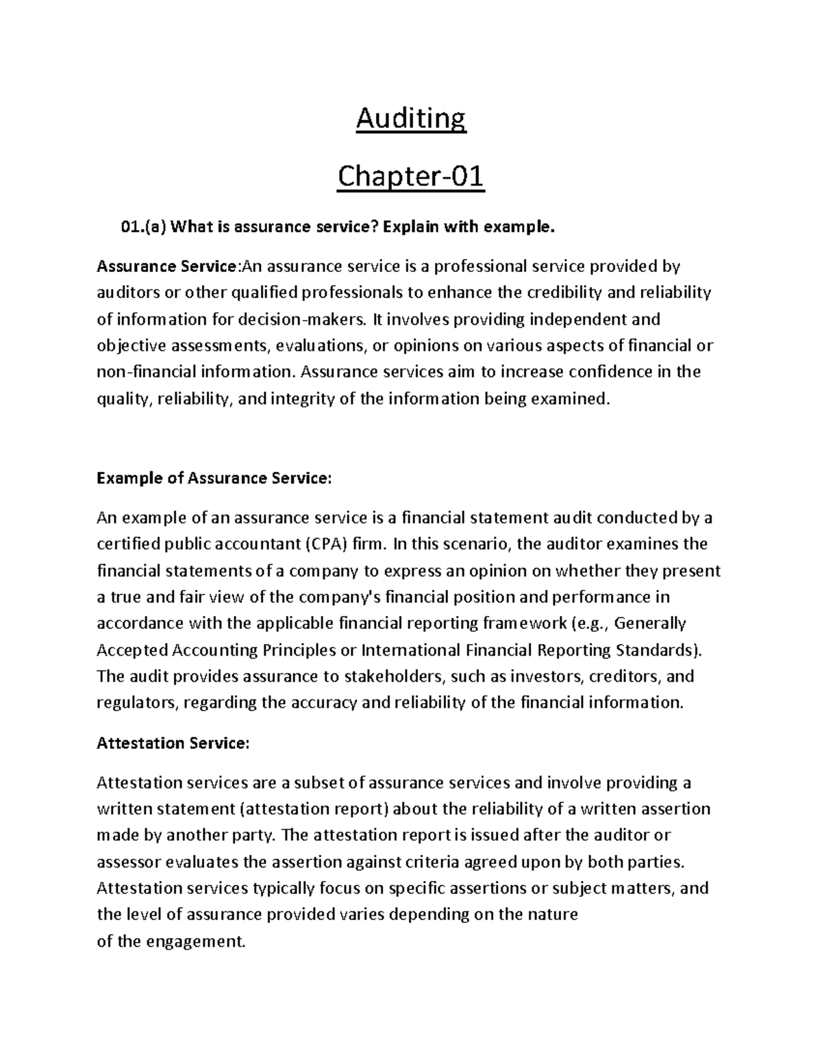 Auditing - Auditing Chapter- 01.(a) What is assurance service? Explain ...