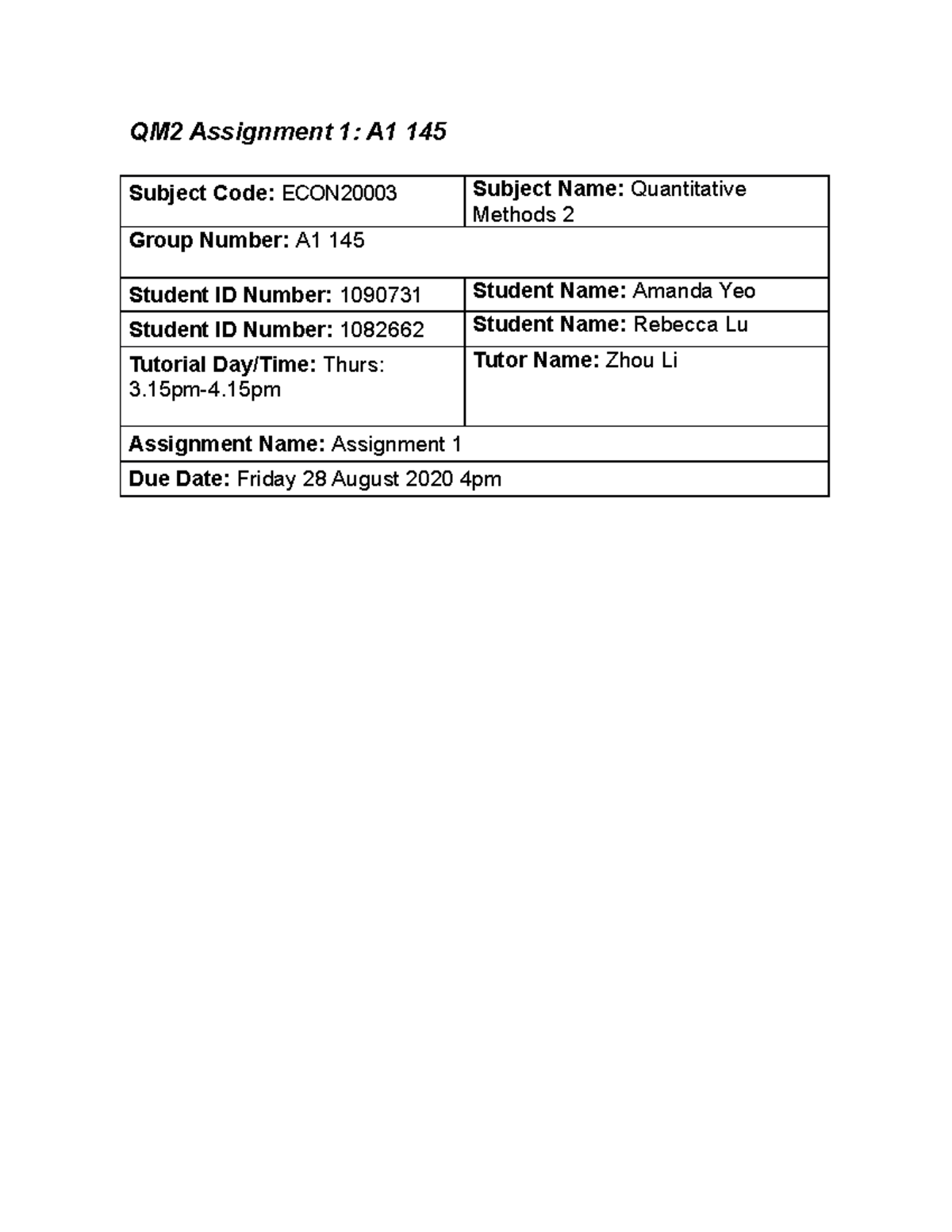 QM2 Assignment 1: A1 145 Subject Code: Subject Name: Quantitative Methods 2 Group Number: - Studocu