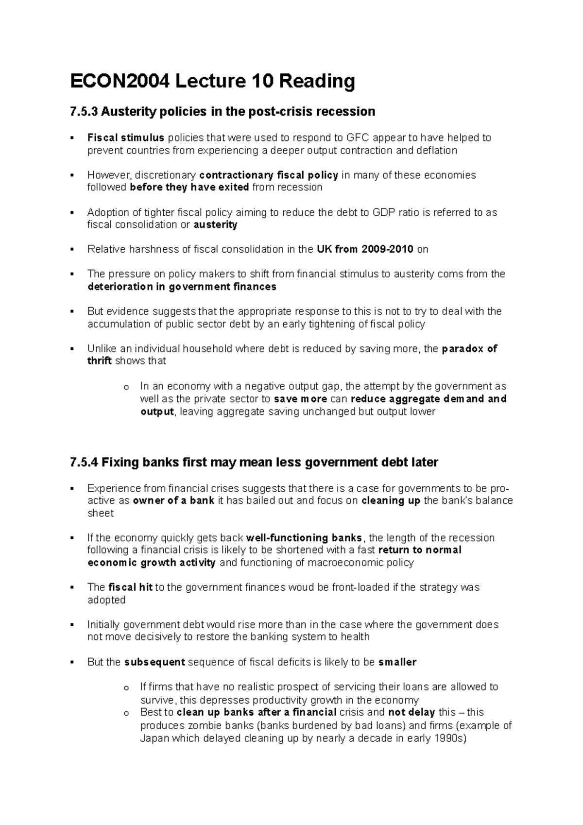 ECON2004 Term 1 Lecture 10 Reading - ECON2004 Lecture 10 Reading 7.5 Austerity policies in the ...
