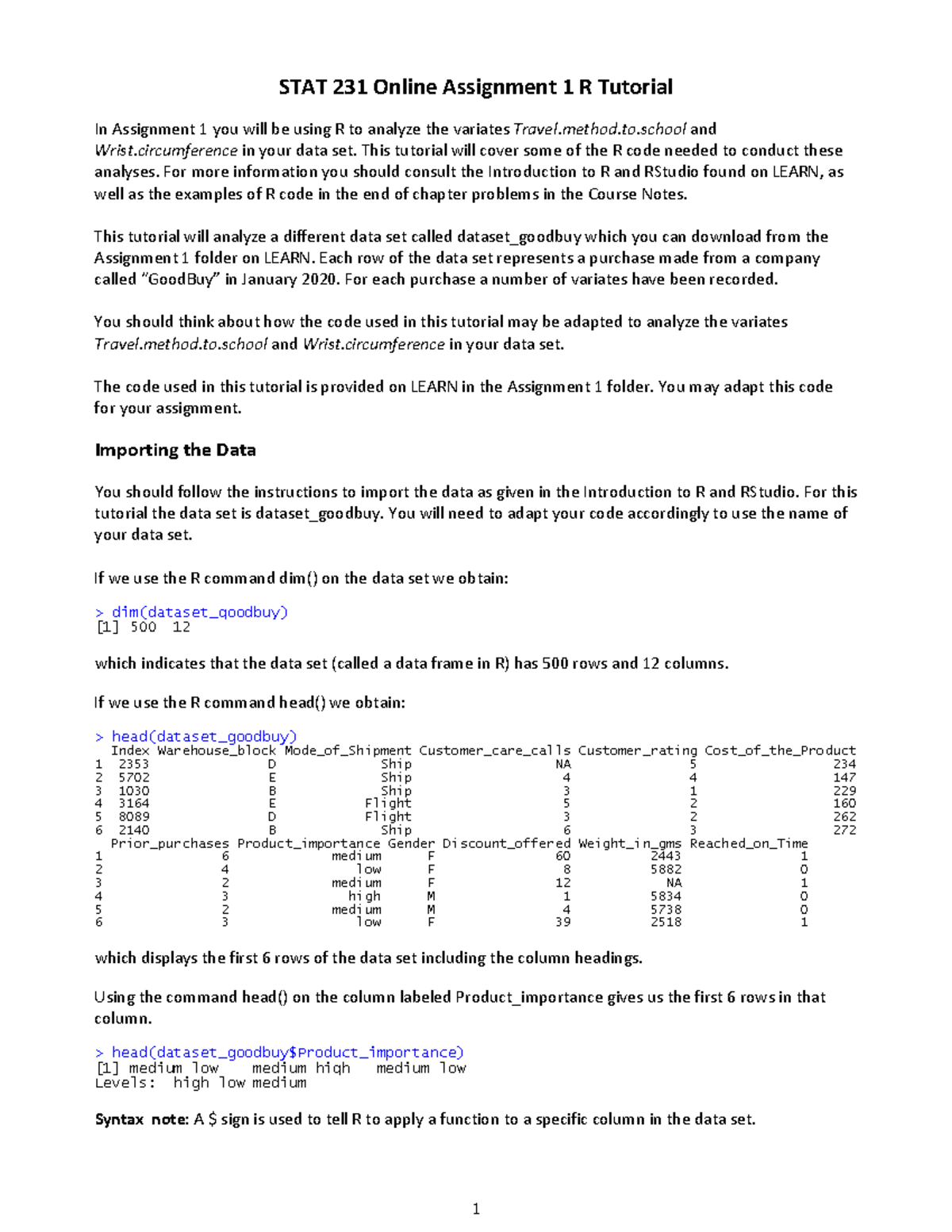 Assignment 1 W22 R Tutorial Stat 231 Online Assignment 1 R Tutorial In Assignment 1 You Will 