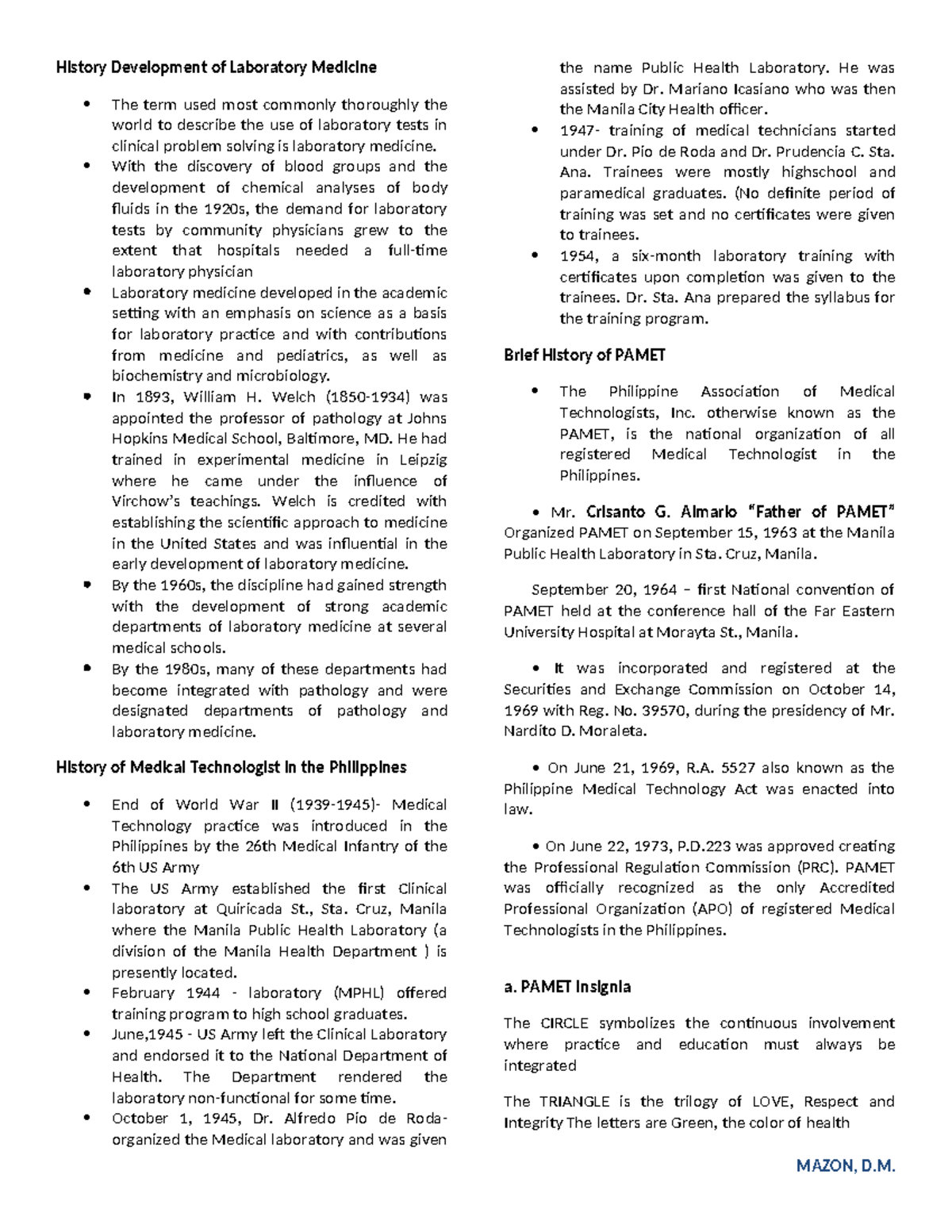2 Reviewer FOR PMLS1 - notes - History Development of Laboratory ...