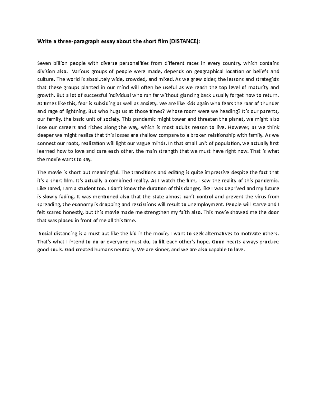 Distance film- Essay - Exercises - Write a three-paragraph essay about ...