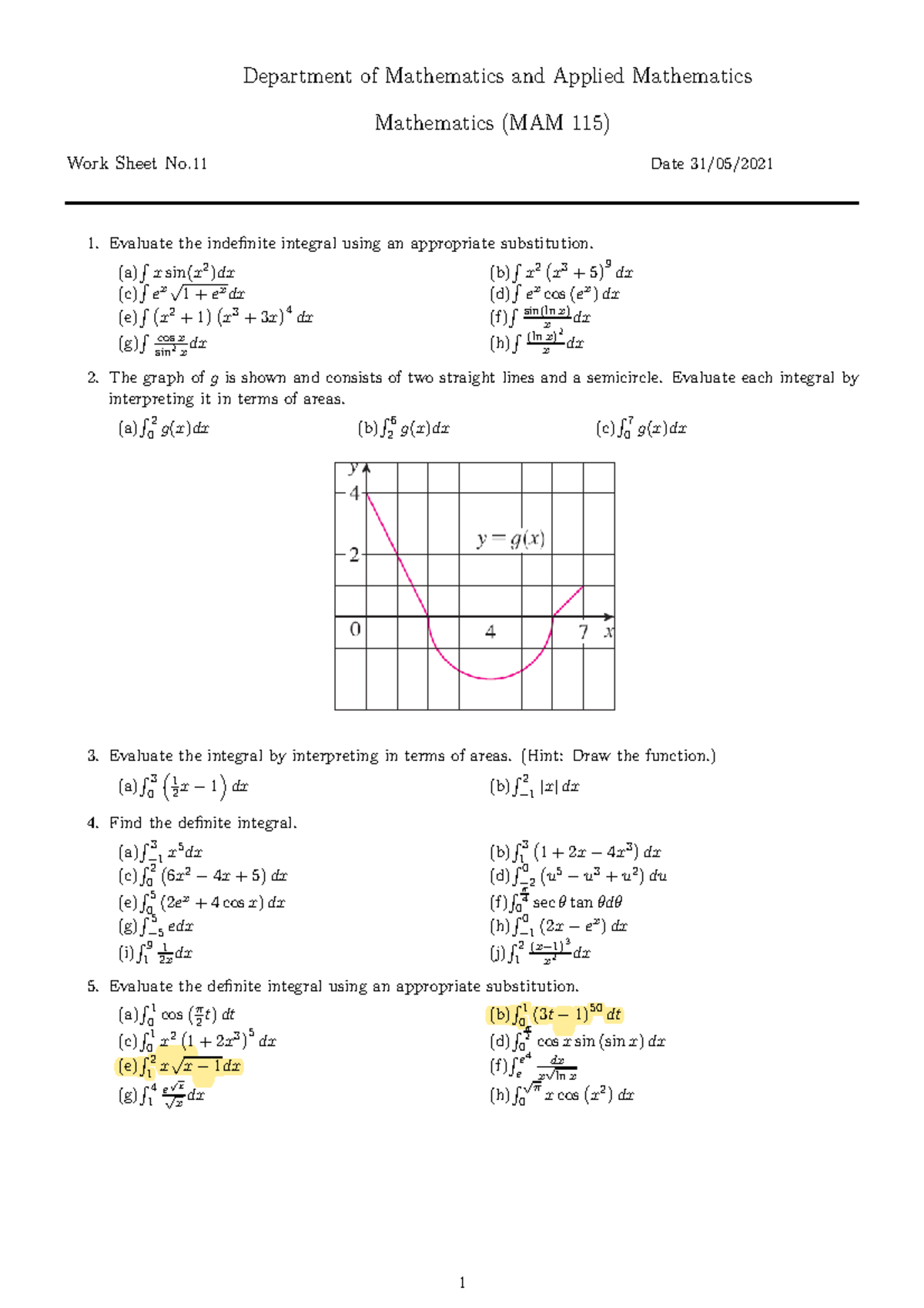 Work Sheet 11 - Department of Mathematics and Applied Mathematics ...