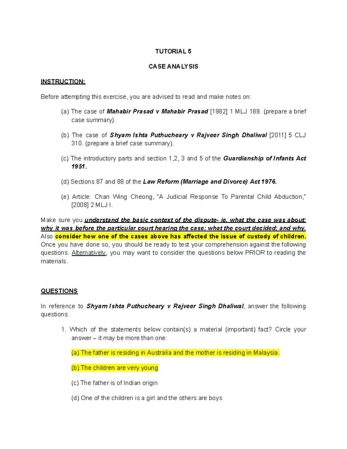 Legal Method - Tutorial 5 - Case Analysis - TUTORIAL 5 CASE ANALYSIS INSTRUCTION: Before ...