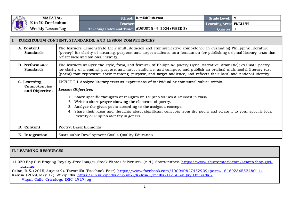 DLL Matatag English 7 Q1 W2 - MATATAG K to 10 Curriculum Weekly Lesson Log School: DepEdClub ...
