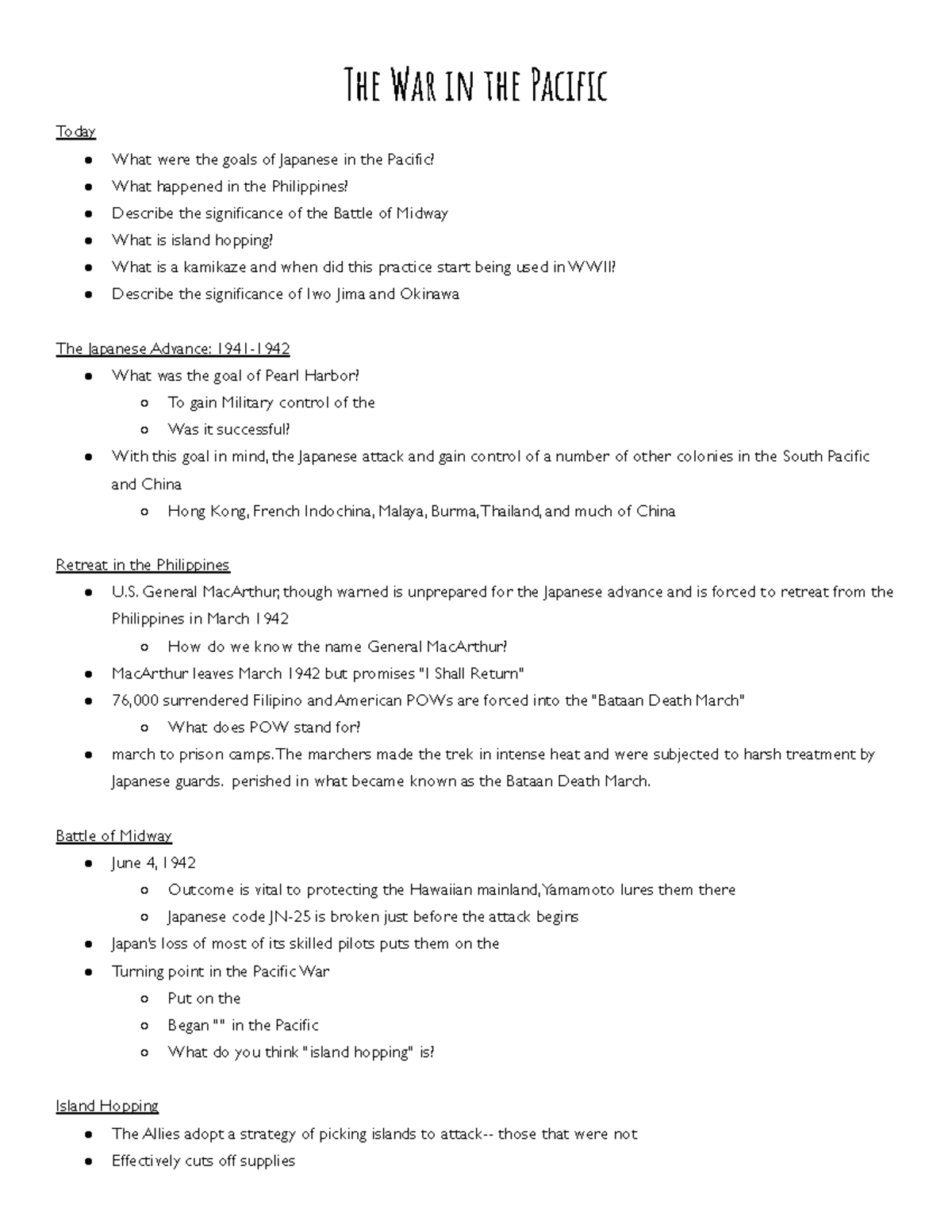 Madison ELIA - 8. WWII War in the Pacific Guided Notes - The War in the ...