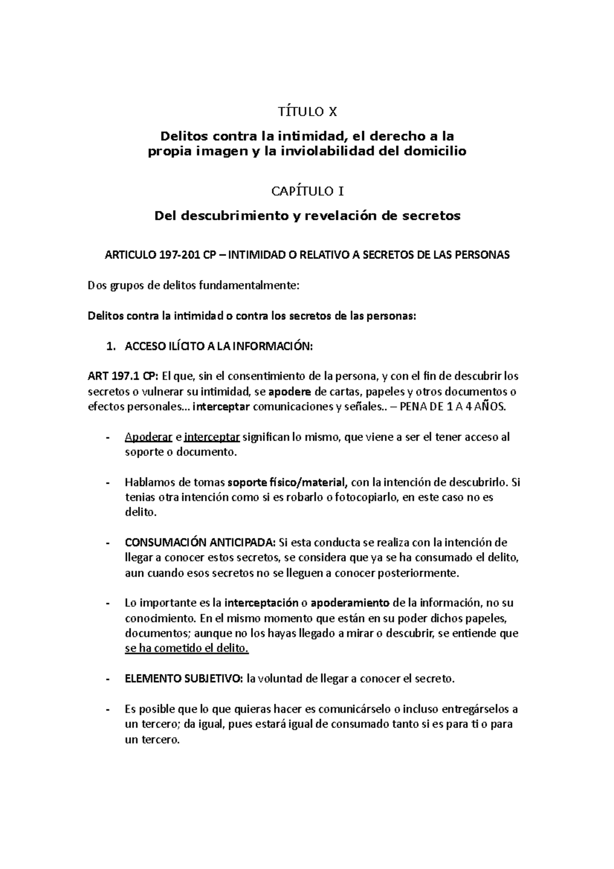 8. Delitos Contra LA Intimidad - TÍTULO X Delitos contra la intimidad, el derecho a la propia ...