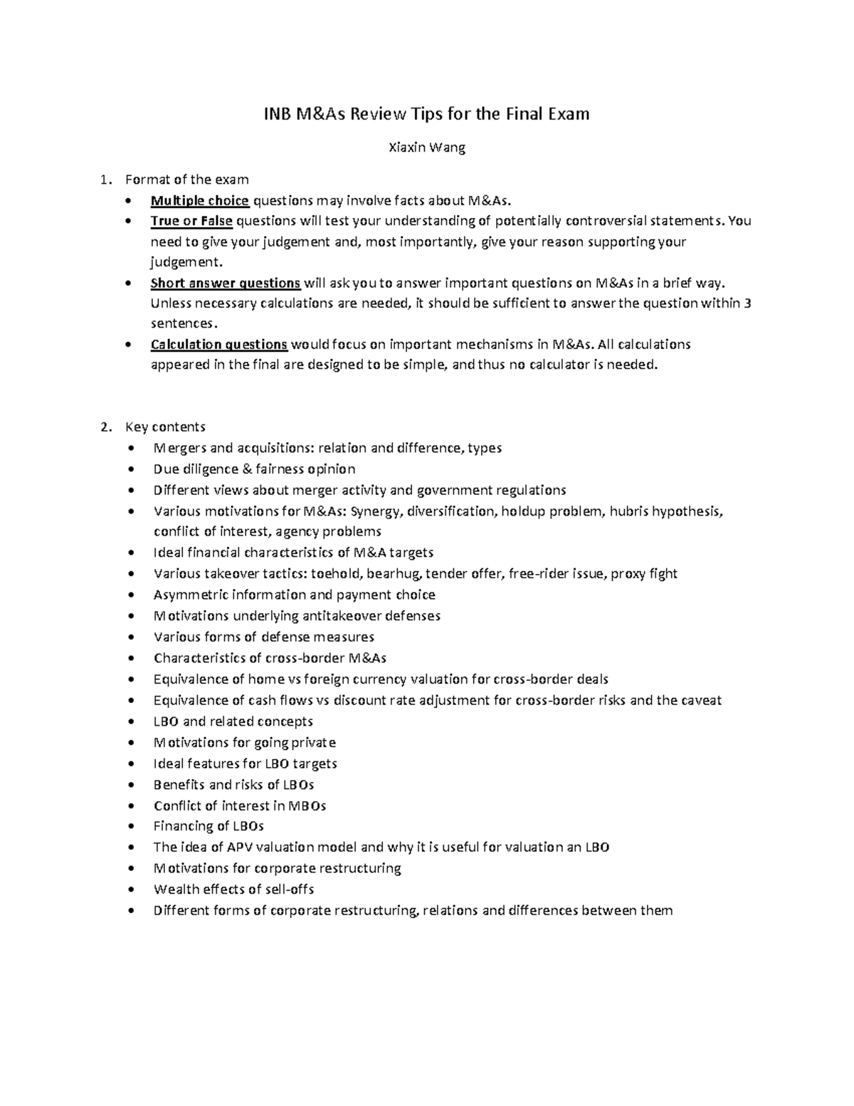 Final Exam Review notes - INB M&As Review Tips for the Final Exam ...