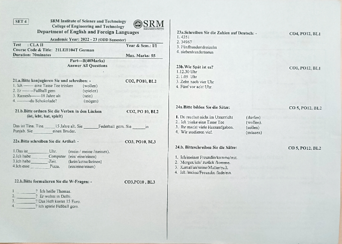 Test - previous year cycle test paper - German - Studocu