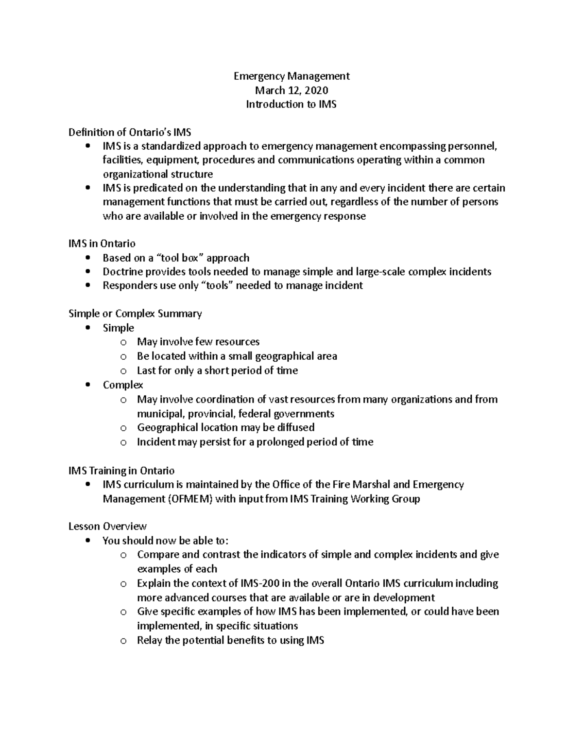 Emergency Management - week 9 - Emergency Management March 12, 2020 ...
