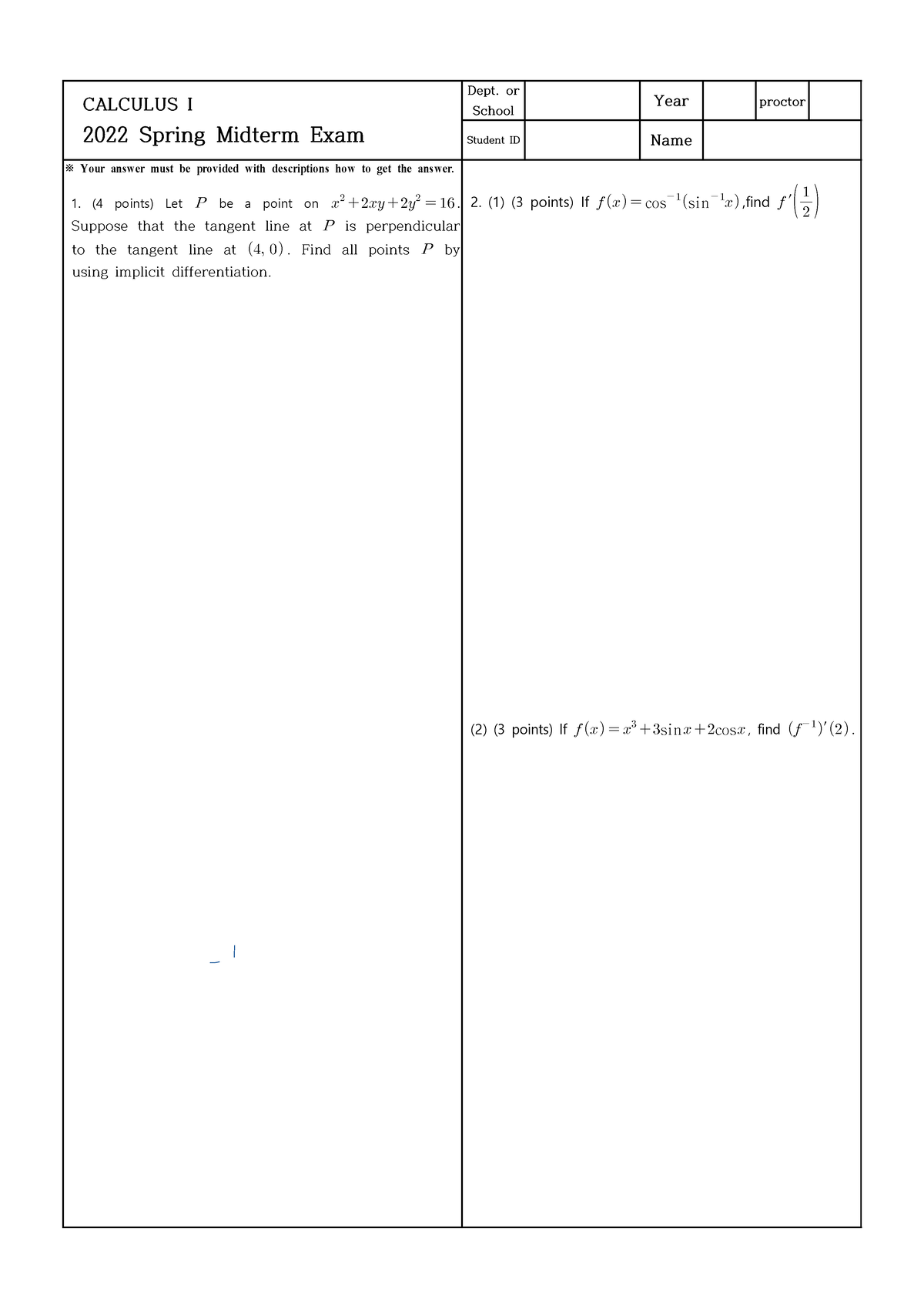Calculus I 2022 Spring Midterm Exam - CALCULUS I 2022 Spring Midterm Exam Dept. or School Year ...