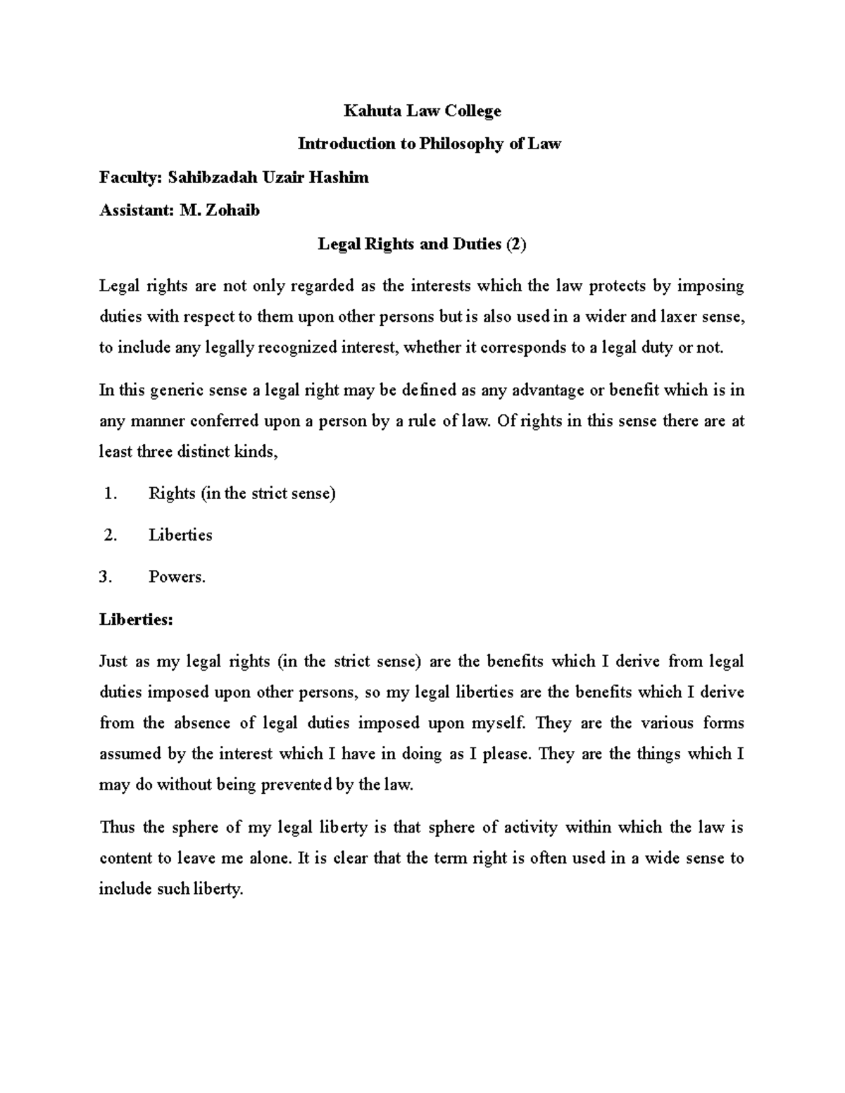 Lecture Notes Legal Rights - Kahuta Law College Introduction to ...