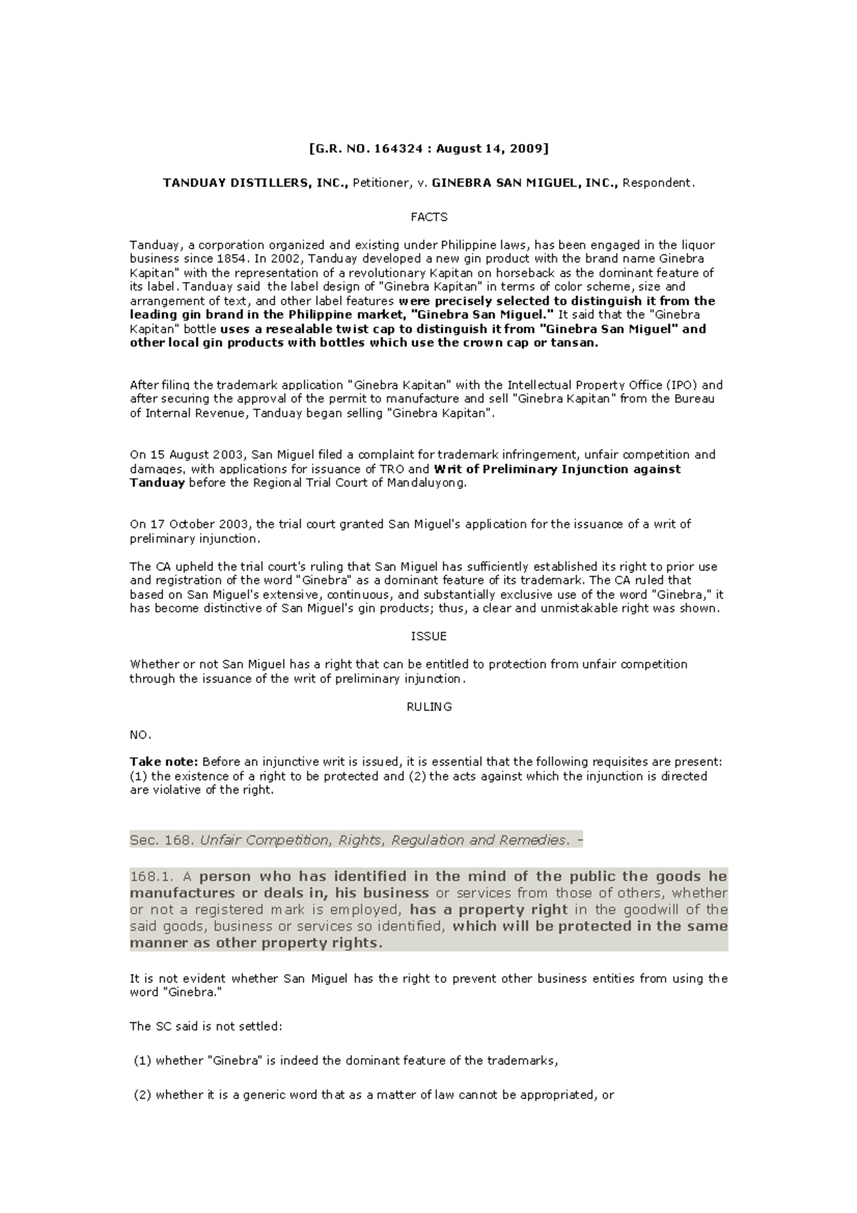 Tanduay Distillers vs Ginebra SAN Miguel - [G. NO. 164324 : August 14 ...