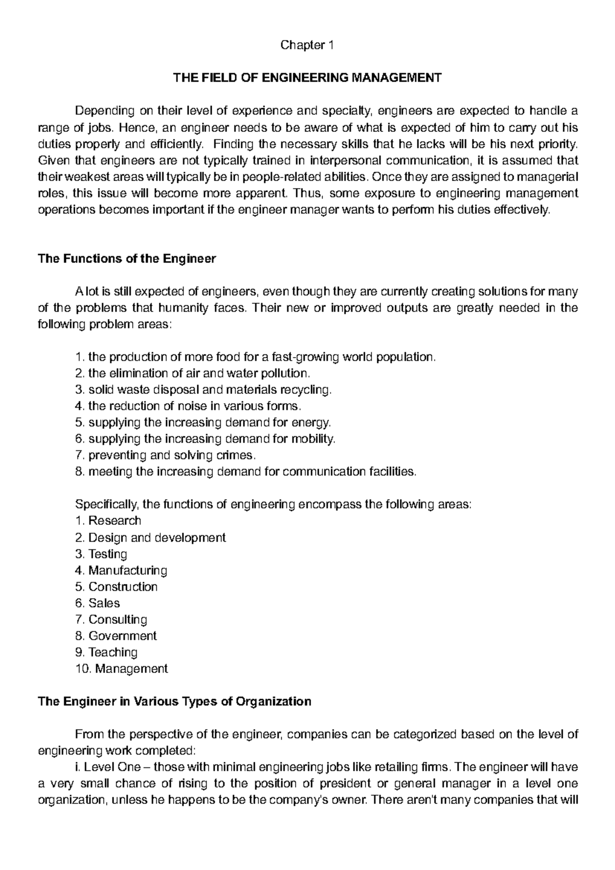 Lecture 01 - Chapter 1 THE FIELD OF ENGINEERING MANAGEMENT Depending on ...