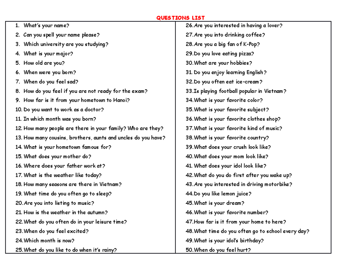 L16 List-câu-hỏi-2 - nvvv - QUESTIONS LIST What’s your name? Can you ...