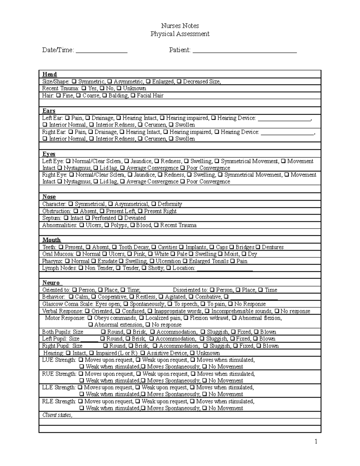 Clinical Sheet for Documentation - Physical Assessment Date/Time ...