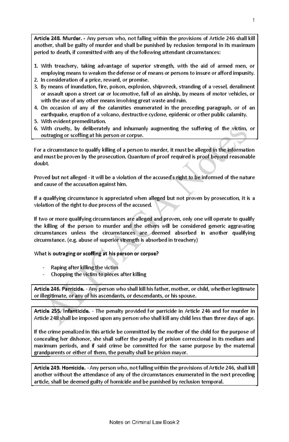 Aligaga Notes - Criminal Law Book 2 - Article 248. Murder. - Any person ...