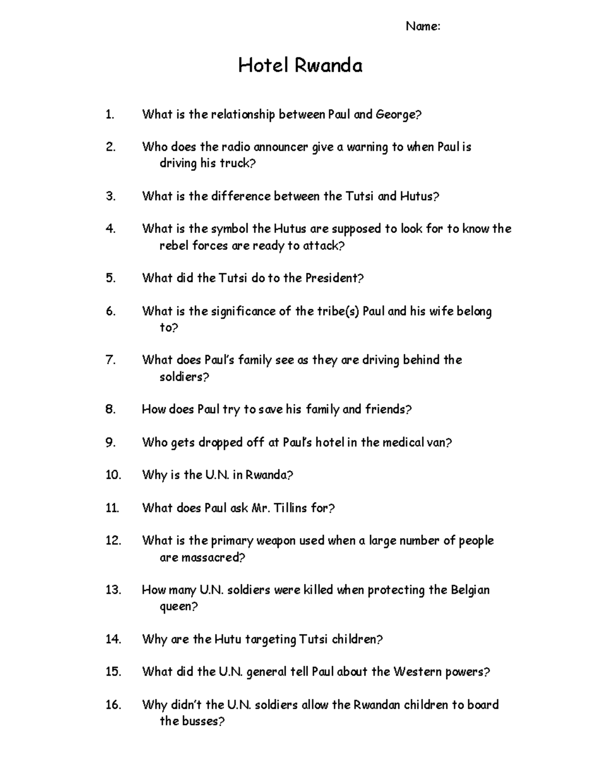 Hotel Rwanda Movie Questionsand Key-1 - Name: Hotel Rwanda What is the ...