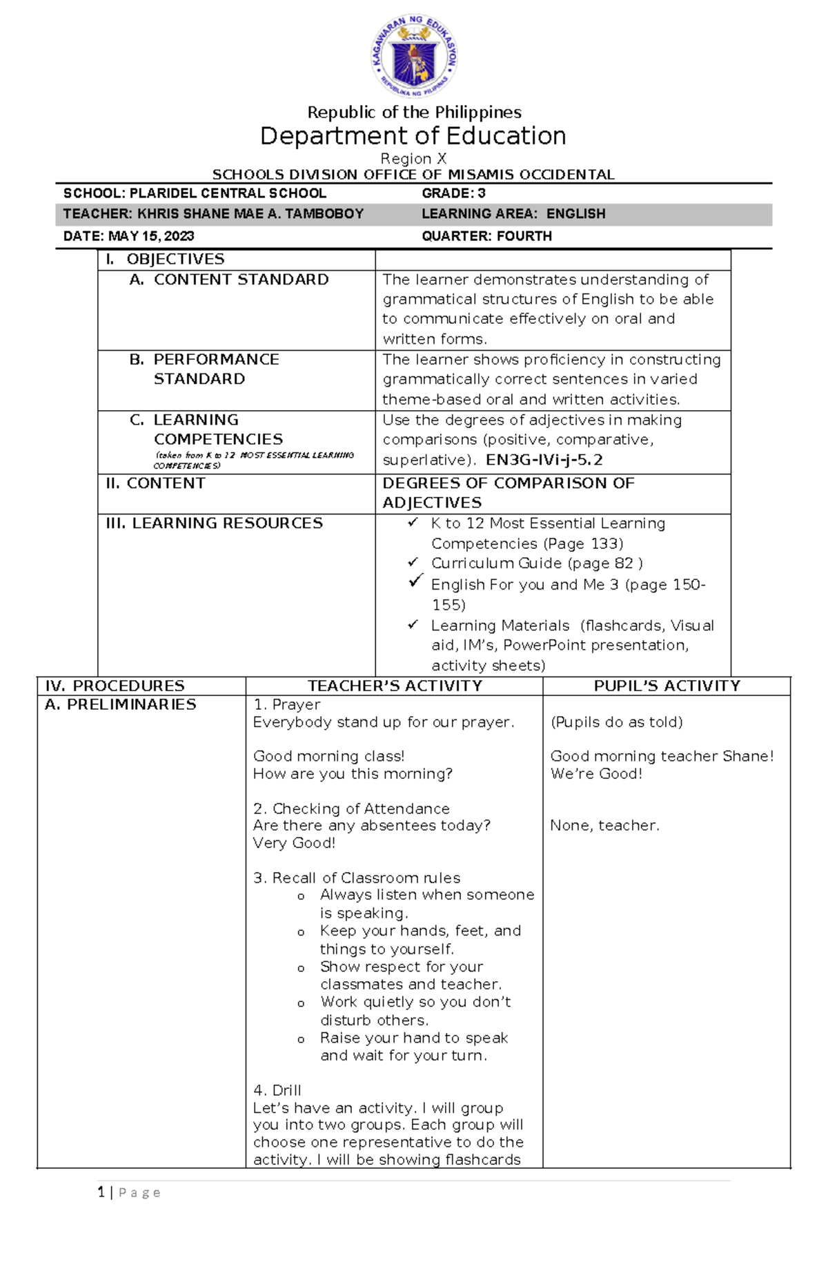 LP English 3 - lesson plan for demonstration teaching. - Department of ...