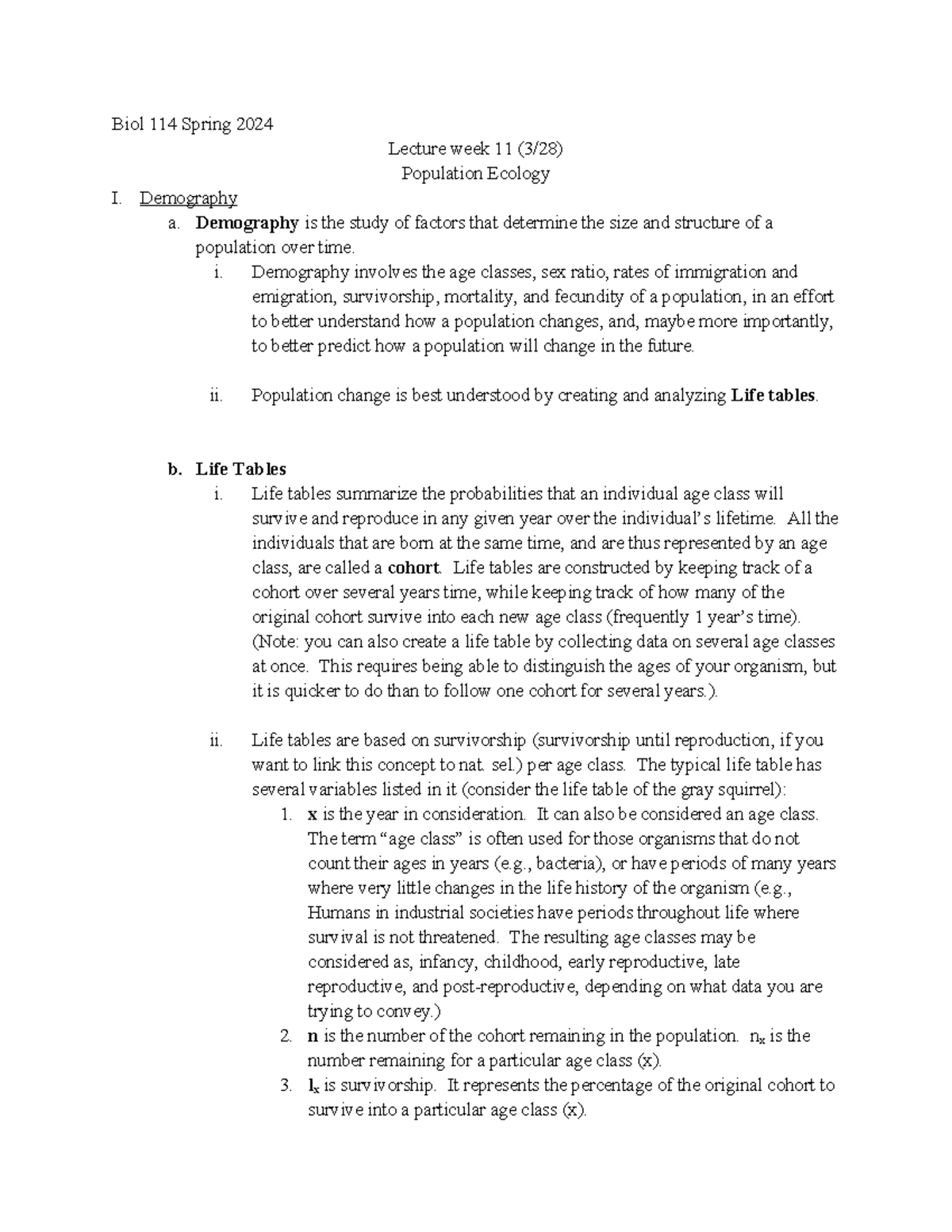 Lecture week 11 (3-28) - Notes Population Ecology -Life Tables and Life ...