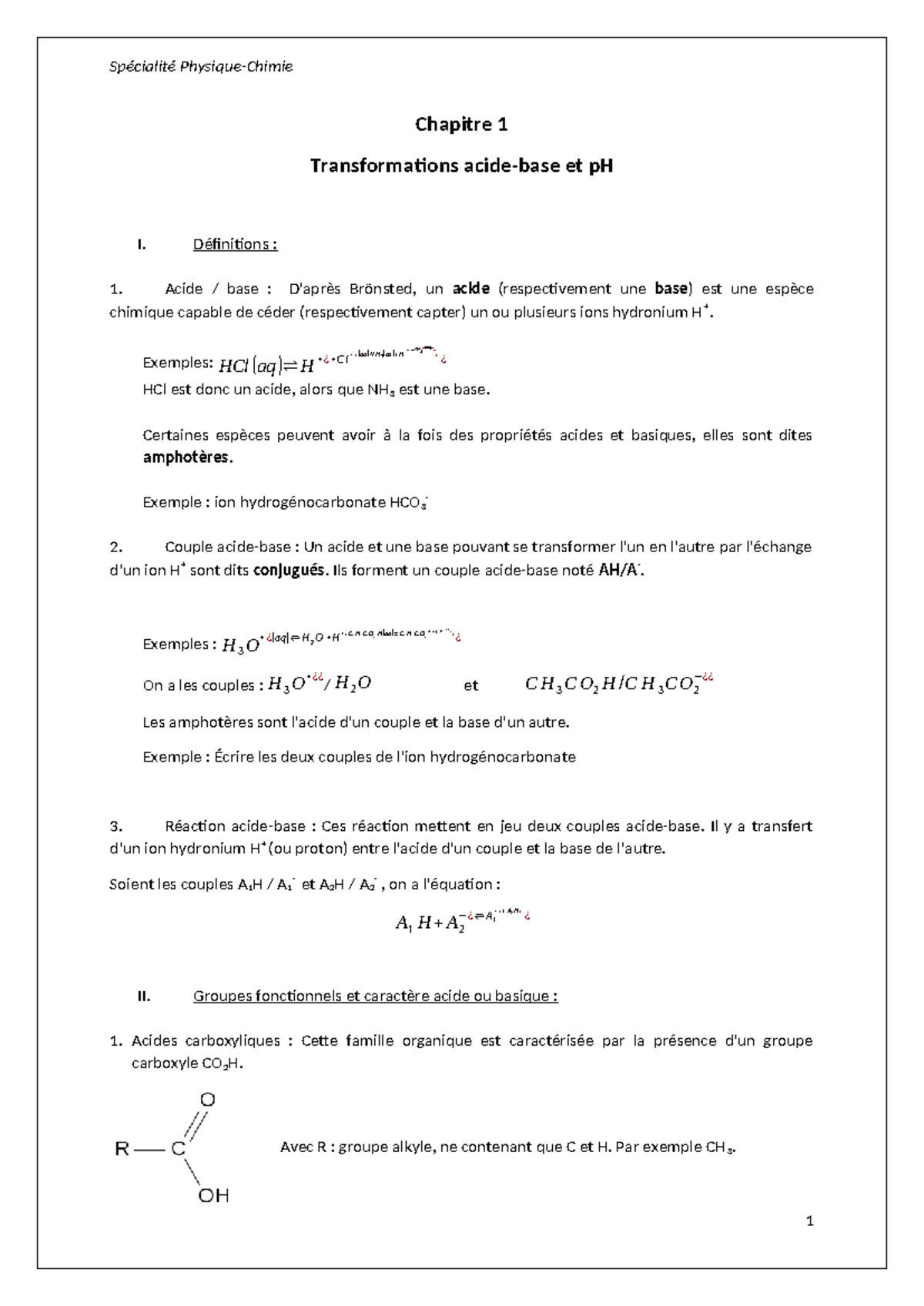 Chapitre 1 Transformations acide base - Spécialité Physique-Chimie Chapitre 1 Transformations ...