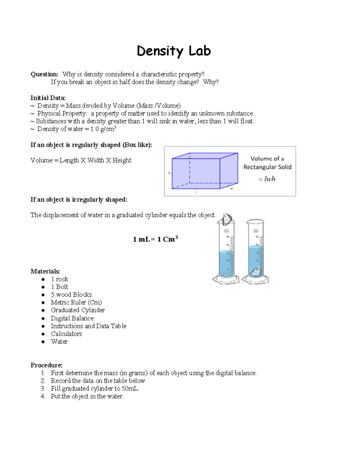 Density Lab - Density Lab Question: Why is density considered a ...