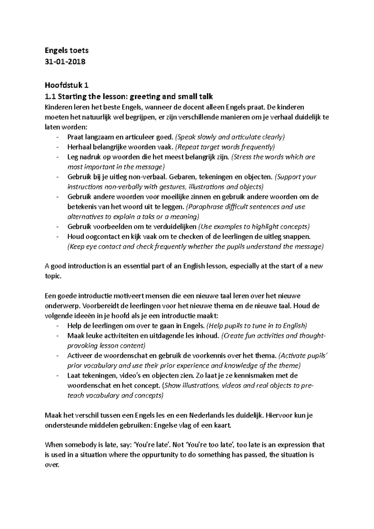 Engels samenvatting didactiek boek - Engels toets Hoofdstuk 1 1 ...