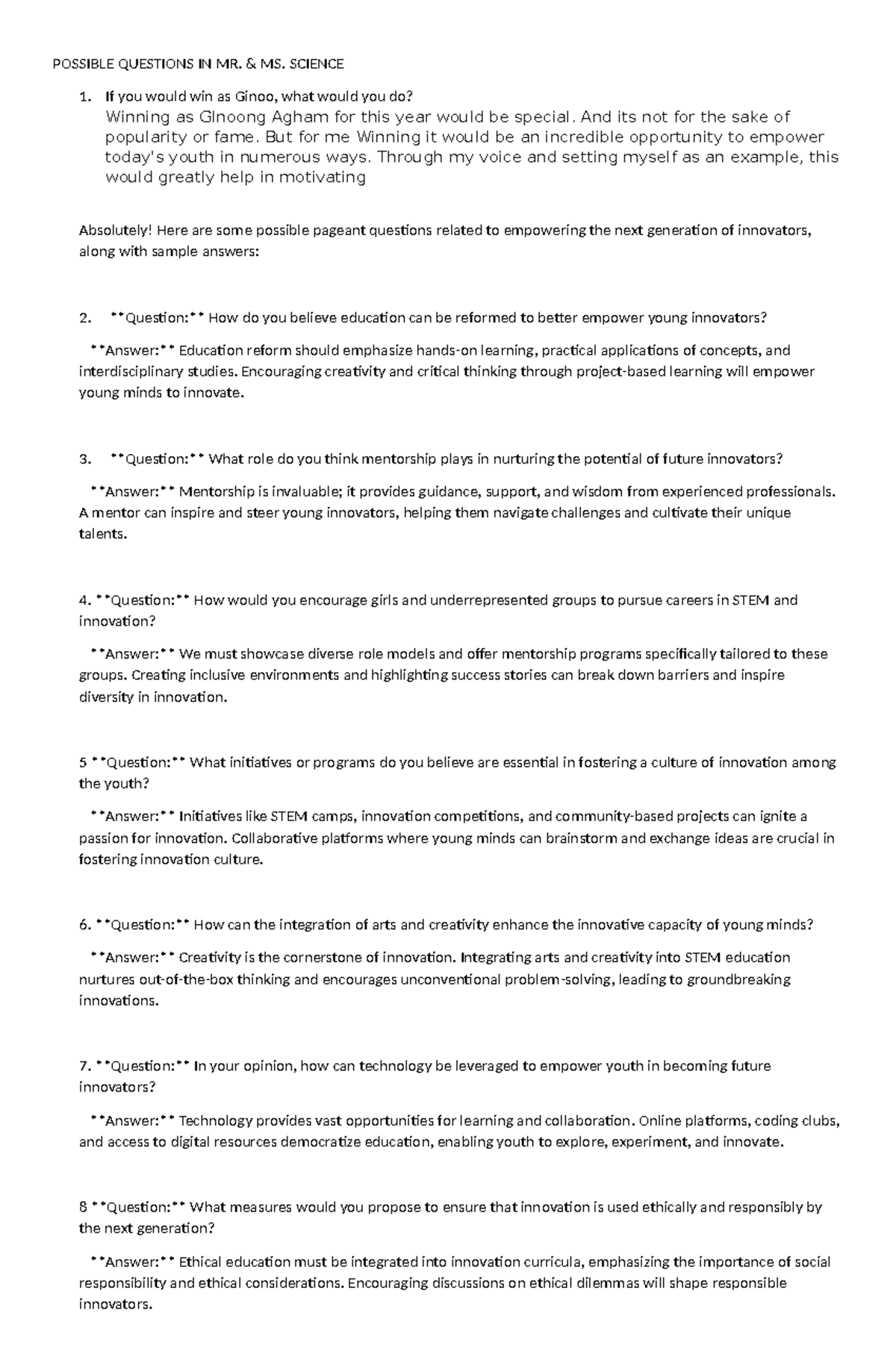 Larry- Qn A for pageants - POSSIBLE QUESTIONS IN MR. & MS. SCIENCE If ...