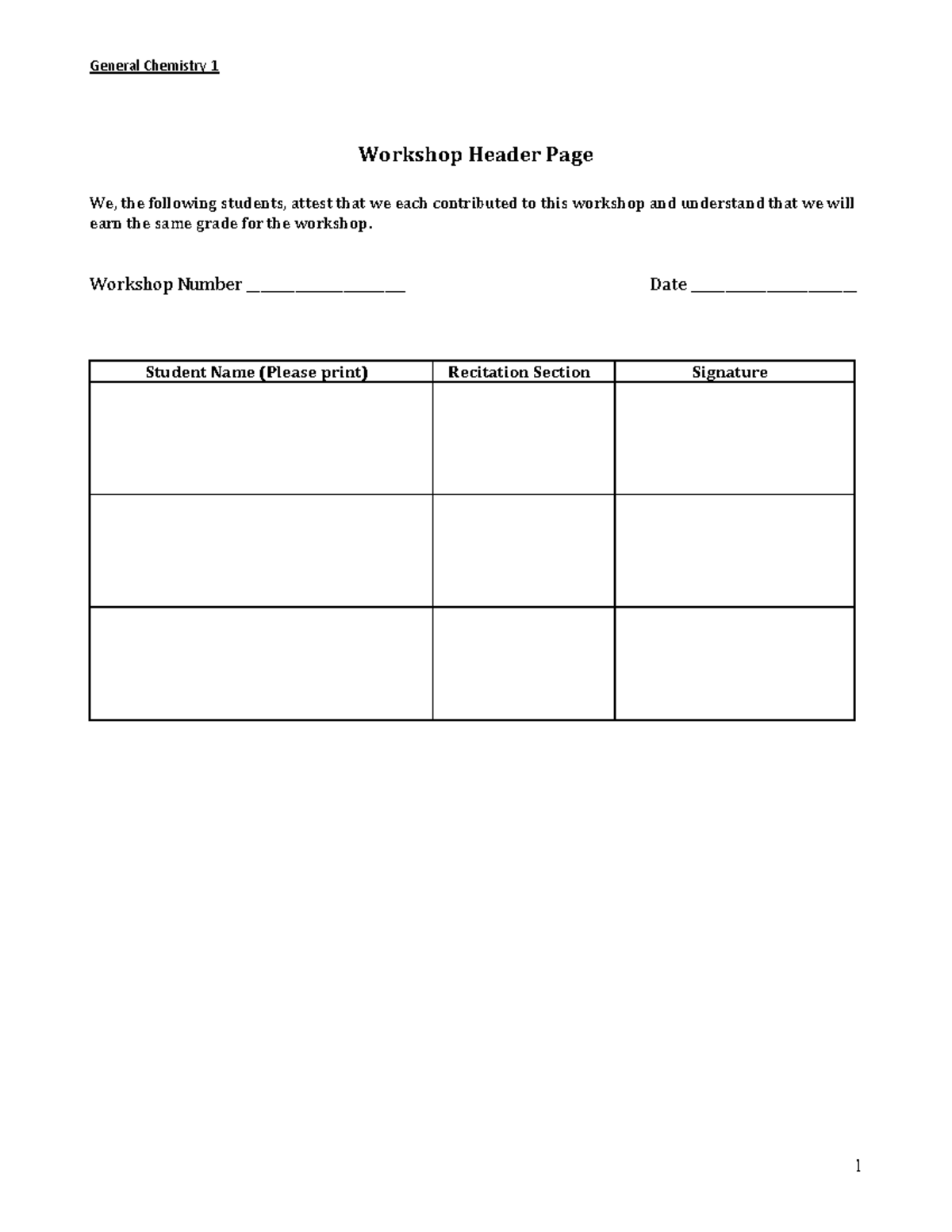 General Chemistry I Workshop 10 - Workshop Header Page We, the ...