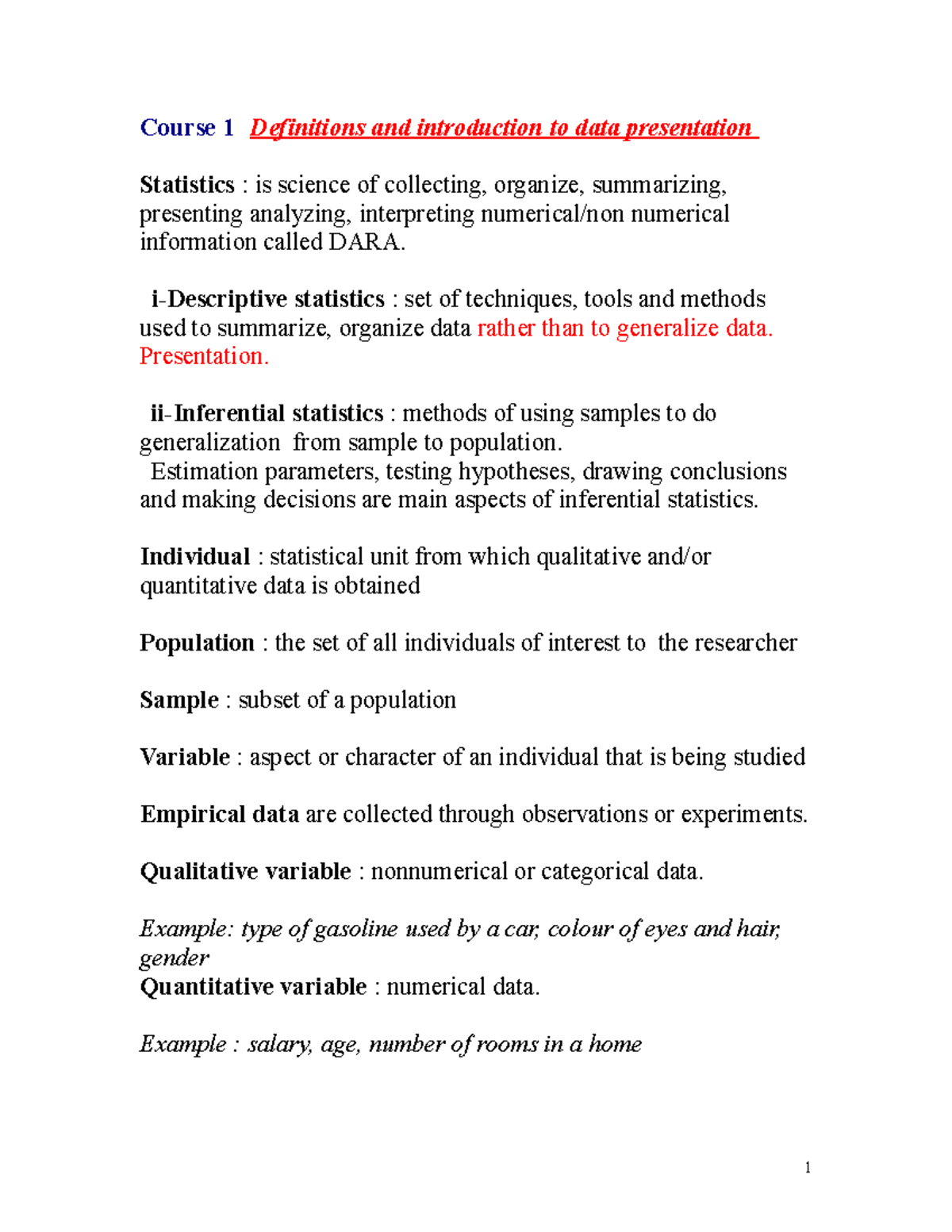 Summary Notes - chp 1-15 - Course 1 Definitions and introduction to ...