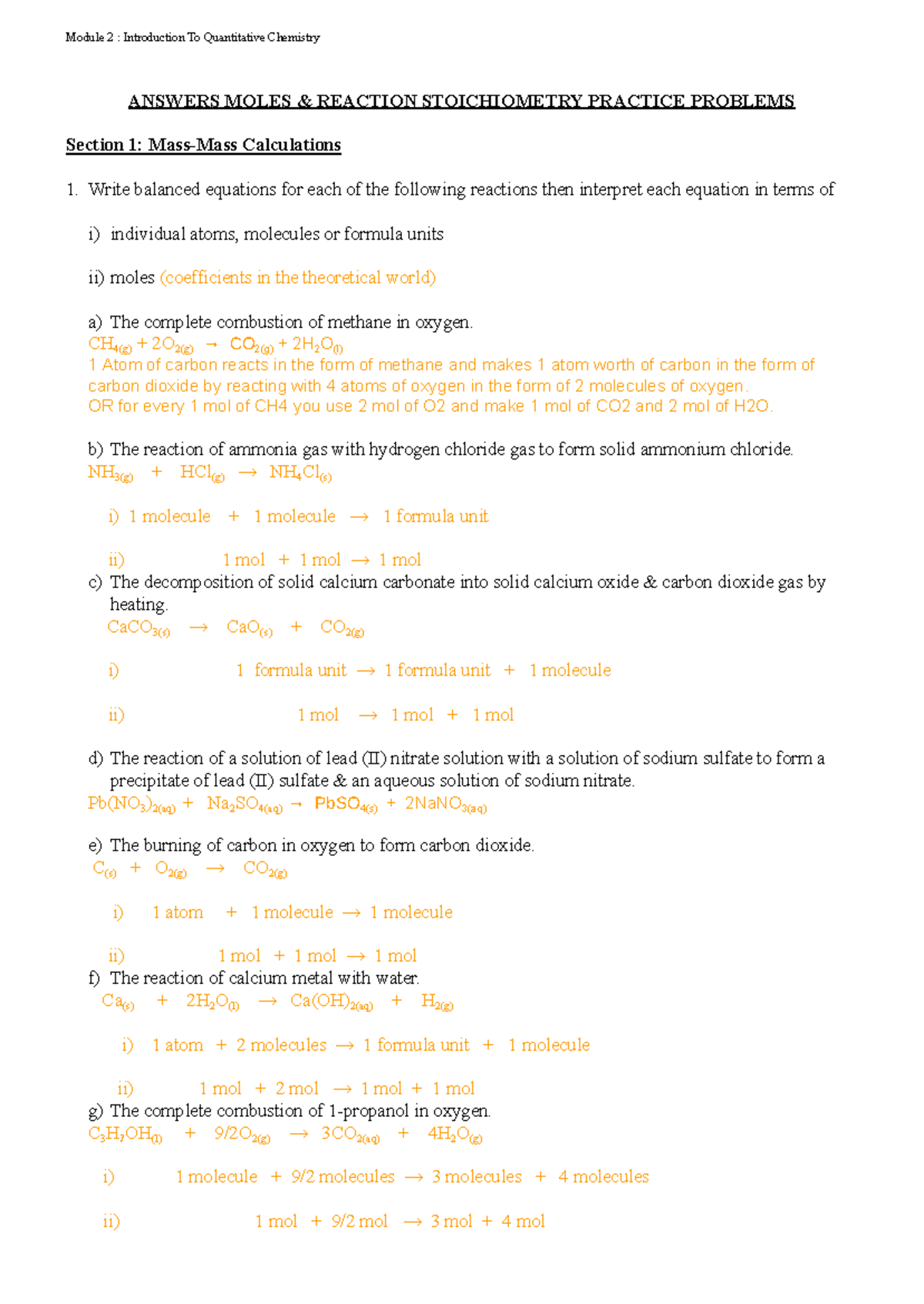 Answers The Mole Reaction Stoichiometry Practice Problems - Module 2 ...