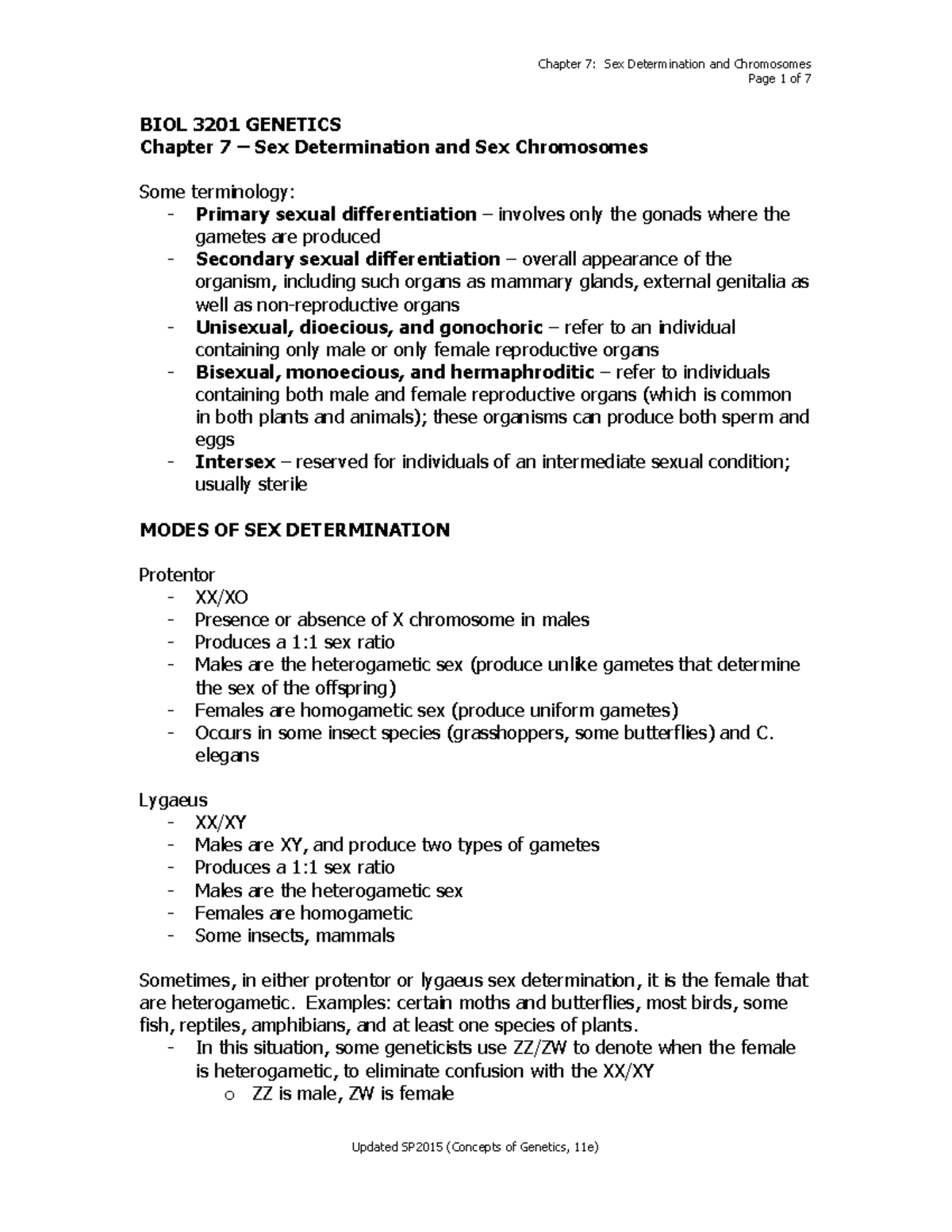 BIOL 3201 Chapter 7 - Sex Determination and Sex Chromosomes - Page 1 of ...