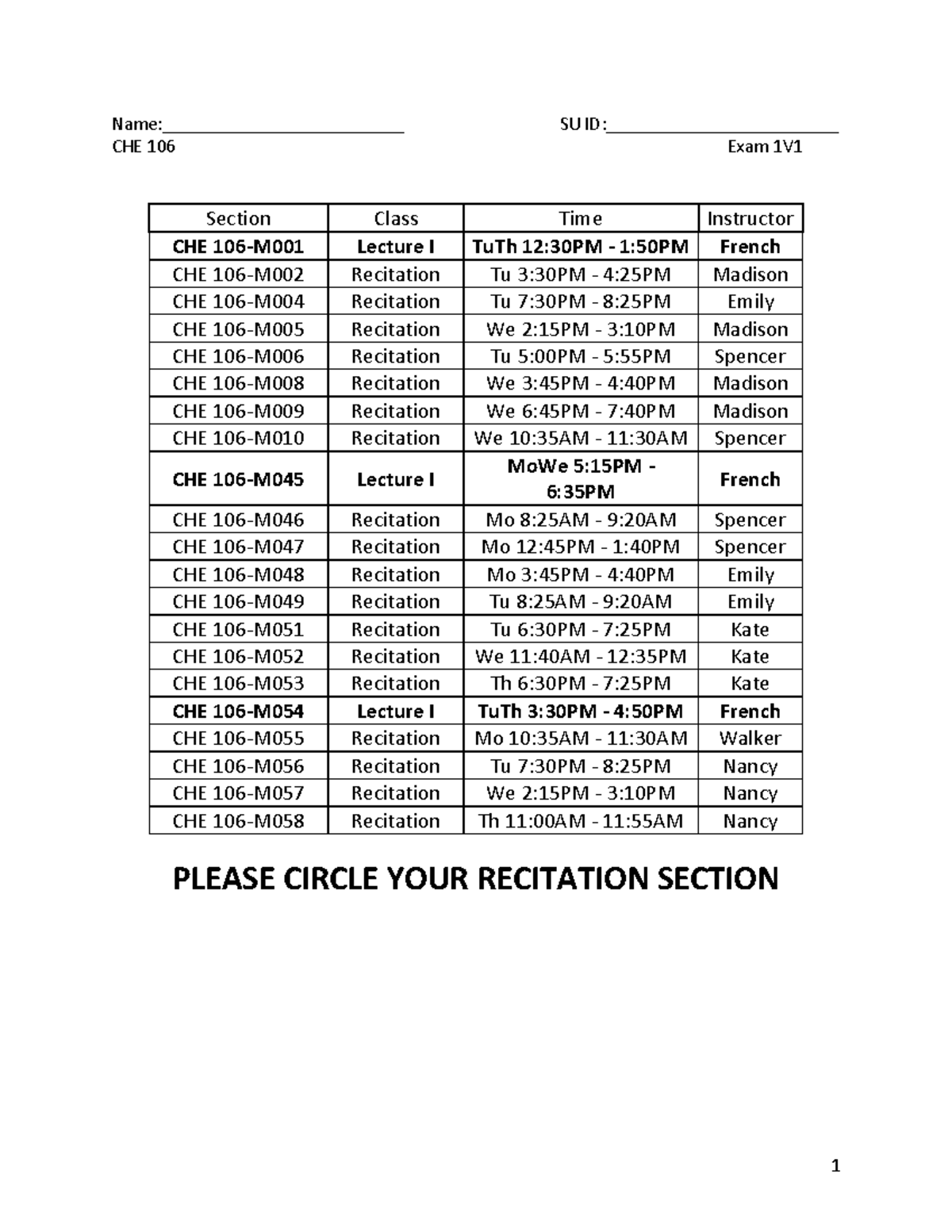 CHE 106 Exam 1 V1 2022 - Jakcojws - Name:__________________________ SU ...