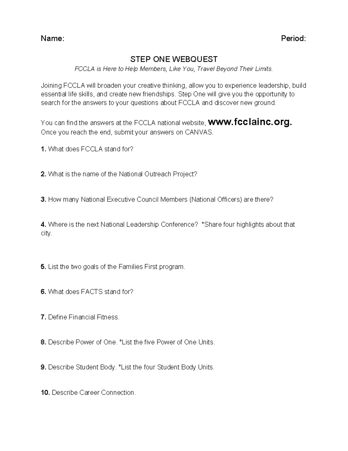 Fccla STEP ONE Webquest - Name: Period: STEP ONE WEBQUEST FCCLA is Here ...